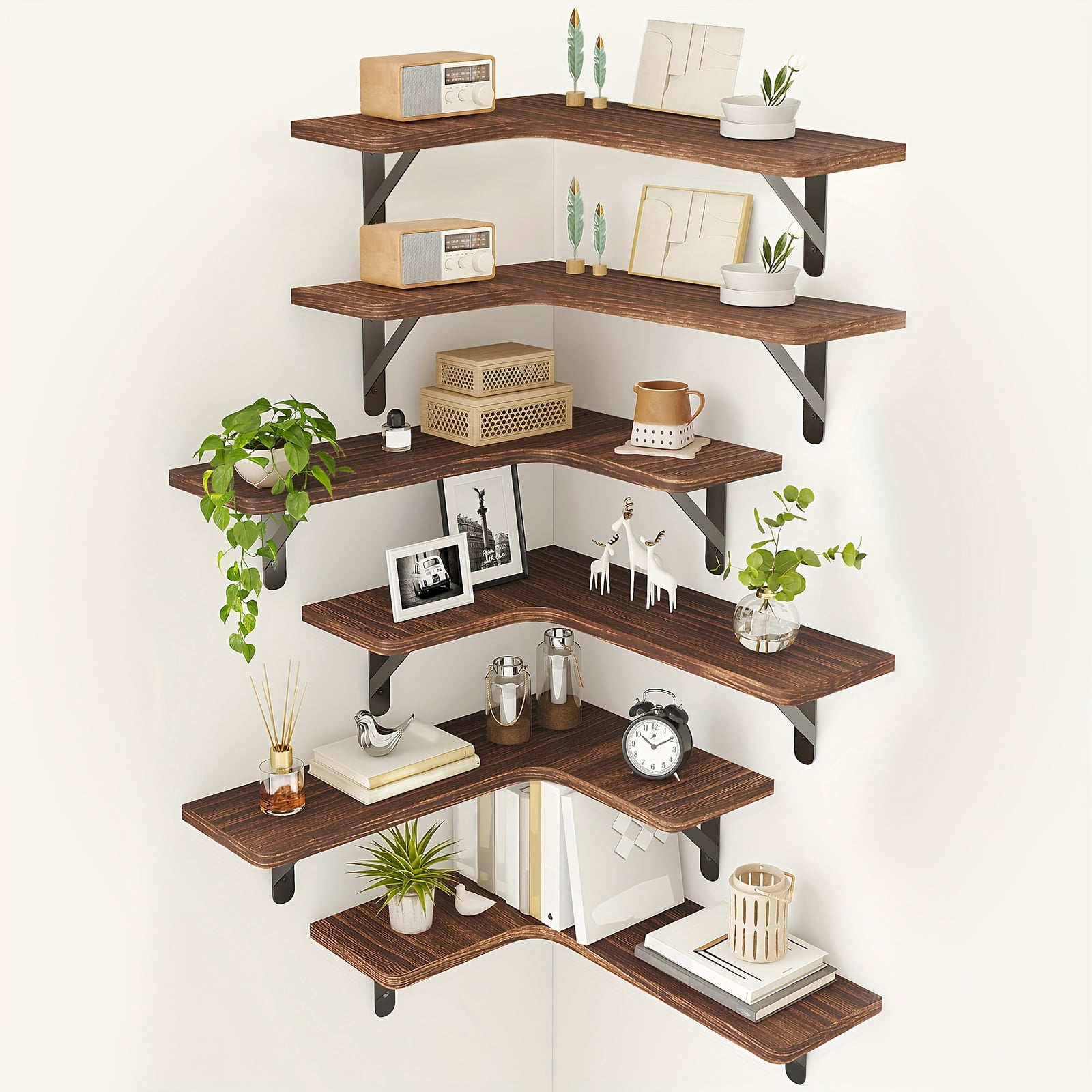 JuPin 6-Pack Corner Floating Shelves Wall Mounted, Heavy Duty Bathroom ...