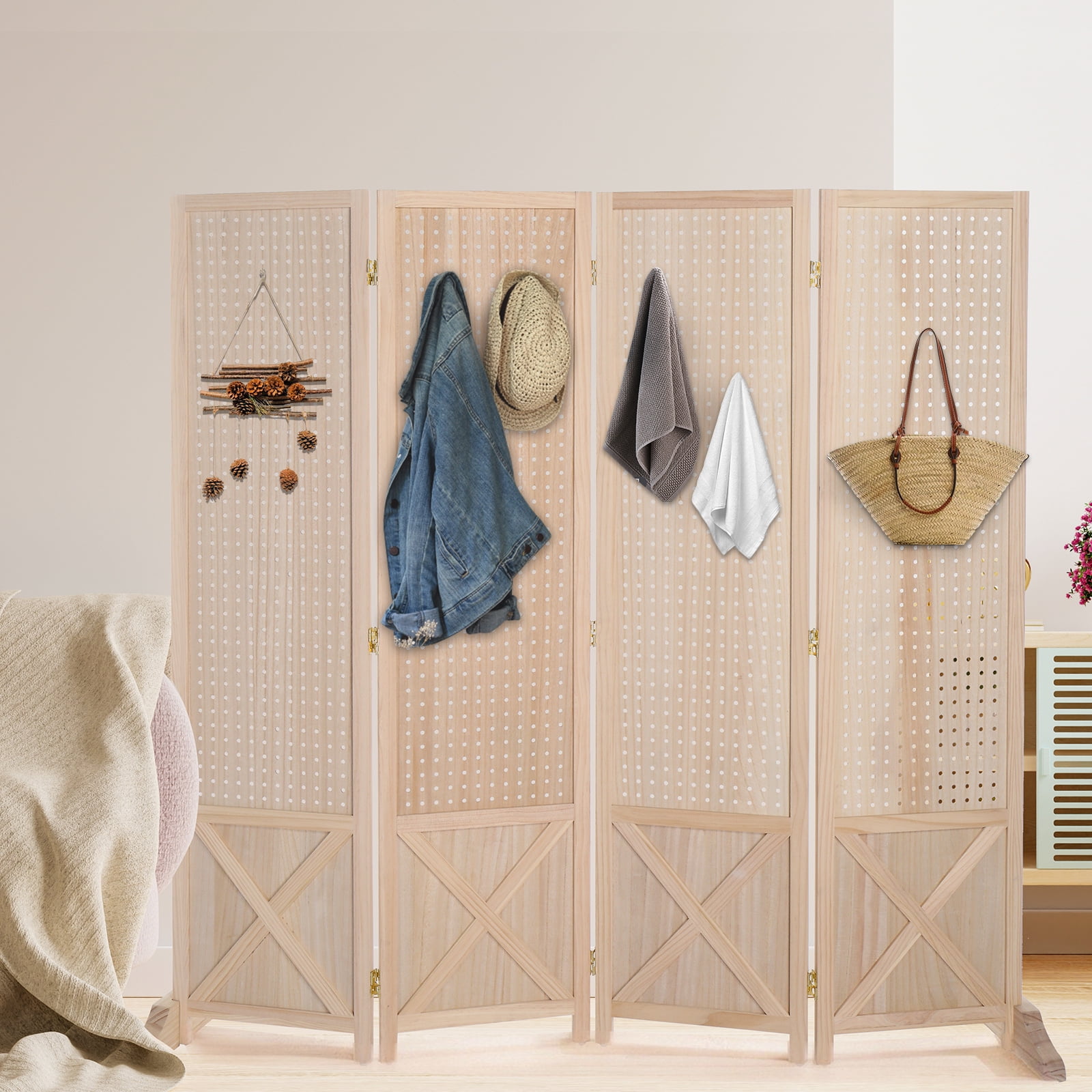 JuPin 60''H Freestanding Pegboard, Wood Room Divider Display Board ...