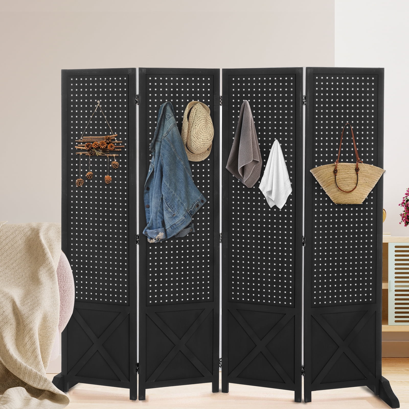 JuPin 60''H Freestanding Pegboard, Wood Room Divider Display Board ...
