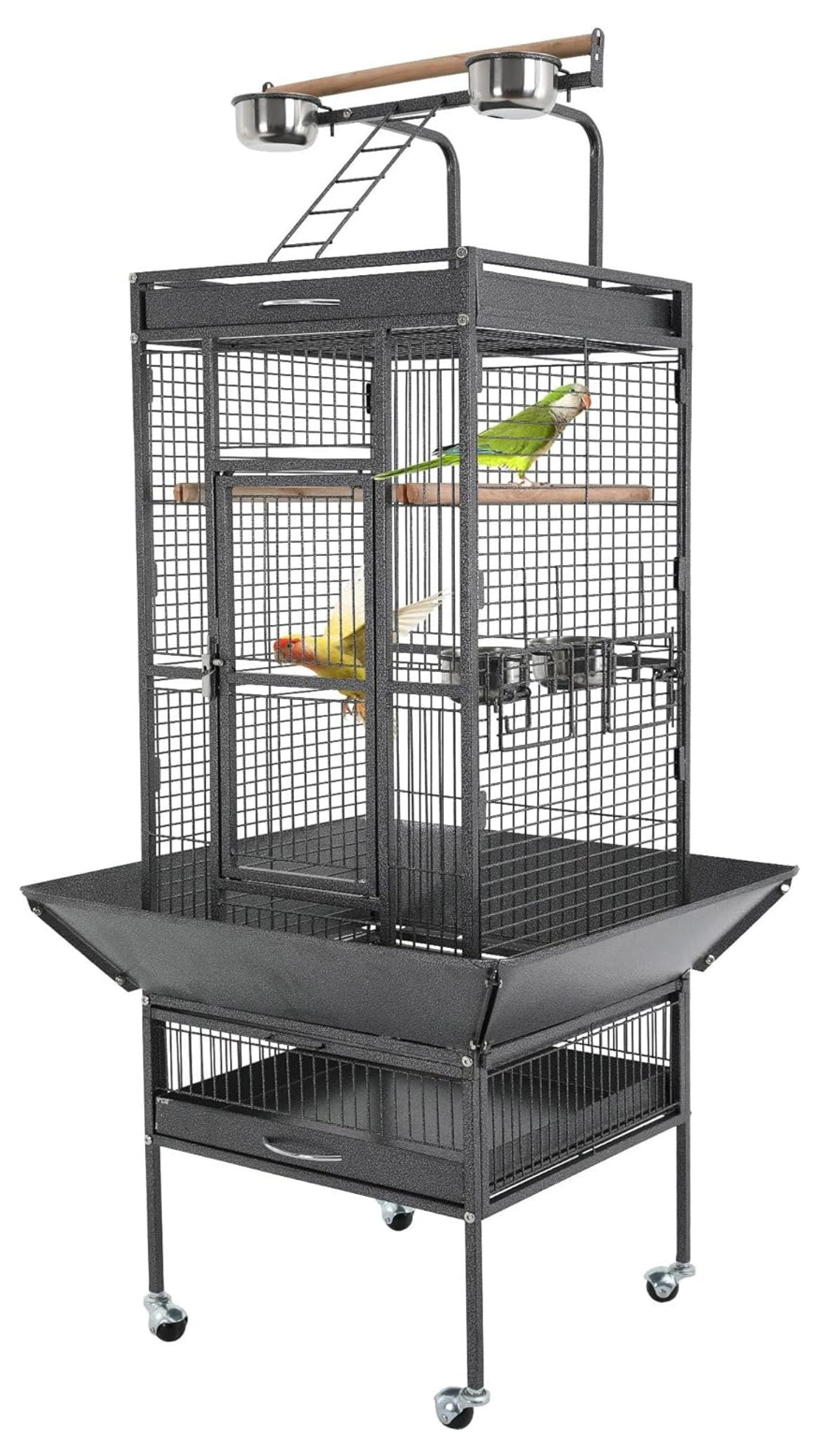 JuRlvC 61-inch Wrought Iron Large Cage with Play Top and Rolling Stand ...