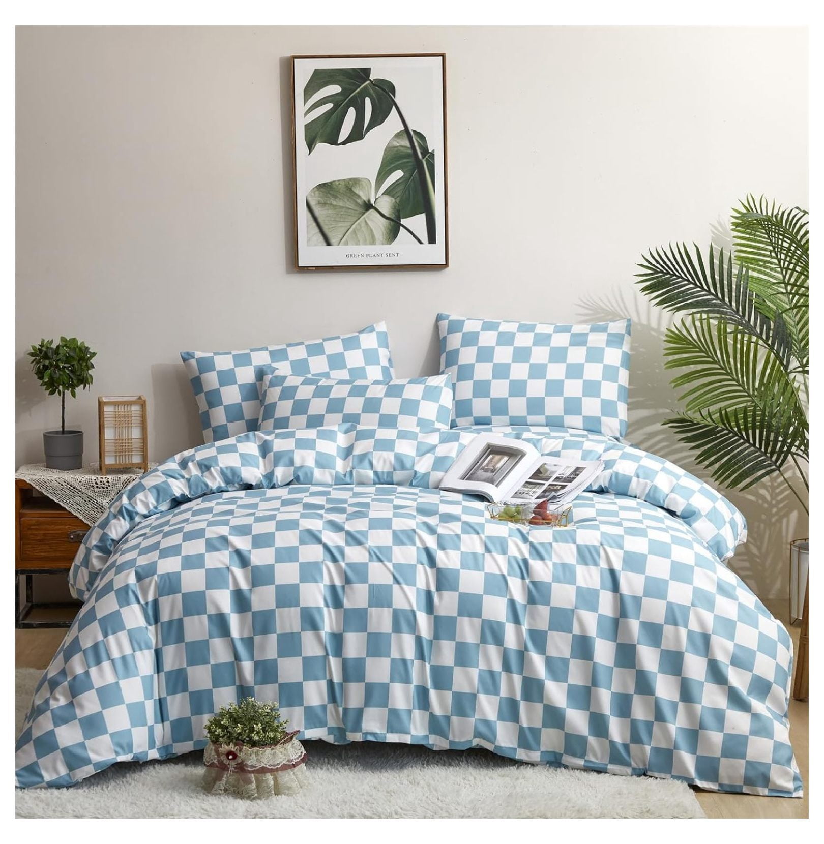 JuRlvC Blue White Plaid Comforter Set 3Pcs Grid Bedding Comforter Sets ...