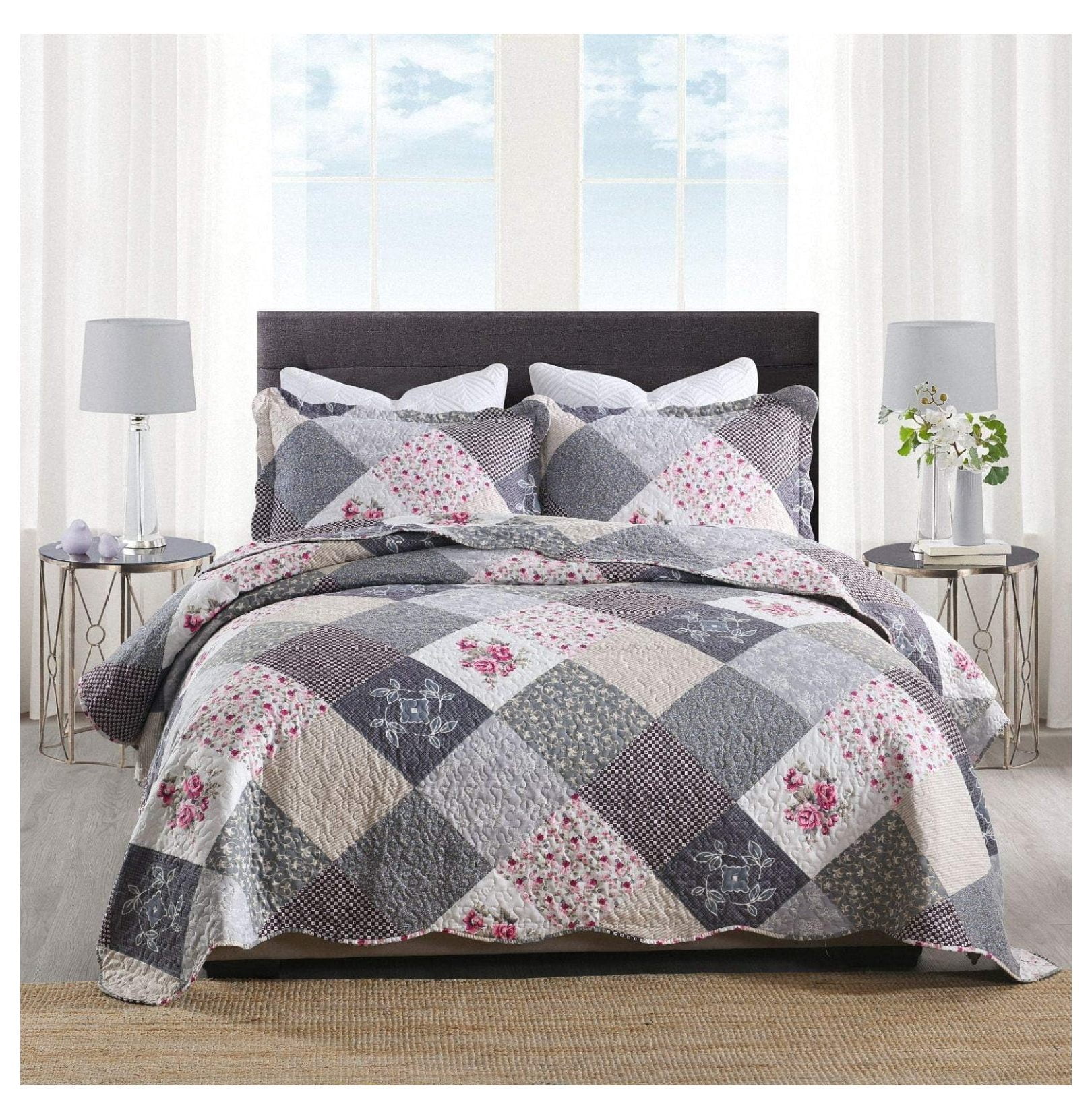 JuRlvC Quilt Set Queen Size - 3 Piece Microfiber Quilts Reversible ...