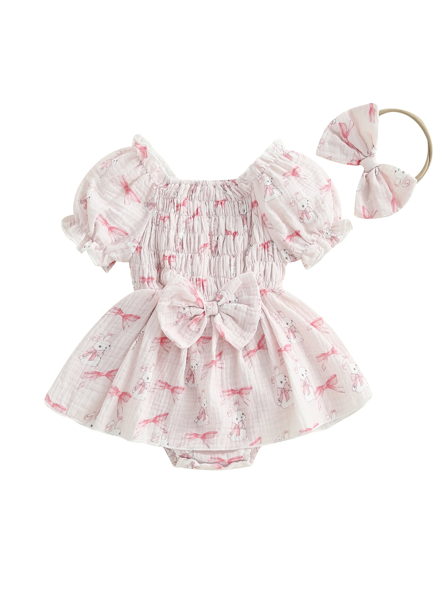 Juaugusep Baby Girls Easter Romper Dress Bunny Print Short Puff Sleeve ...