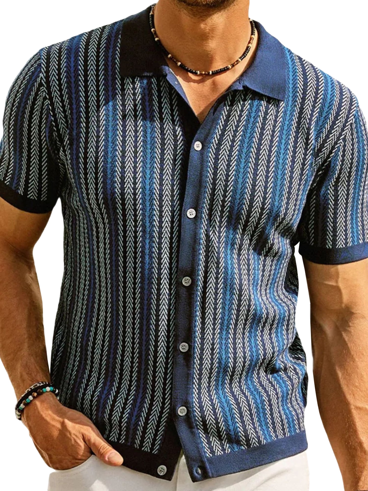 Juaugusep Men's Knit Shirts Short Sleeve Button Down Polo Shirt Fashion Casual Summer Beach ...