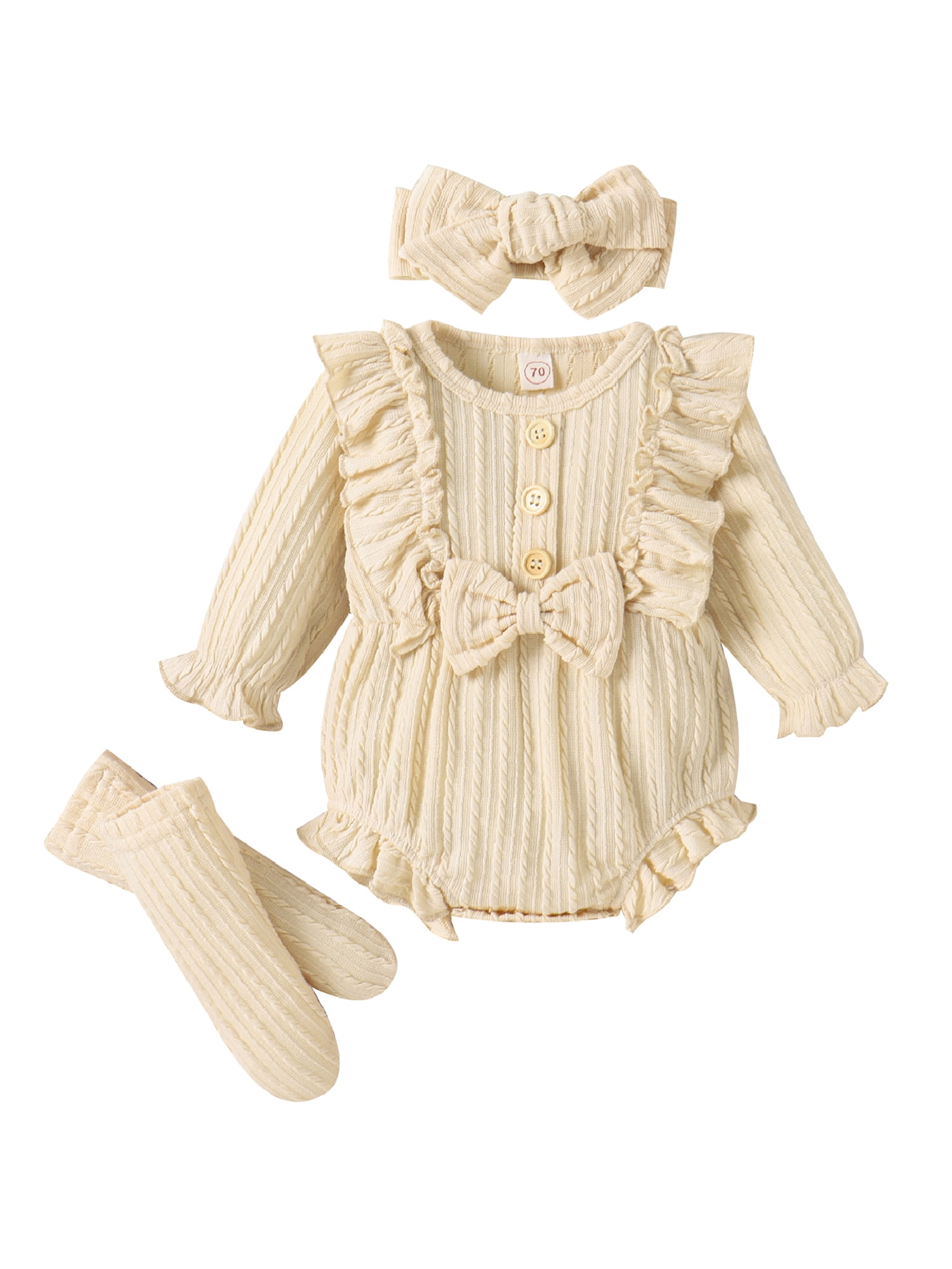 Juaugusep Newborn Baby Girl Fall Winter Outfits Ruffle Long Sleeve Sweater Romper+Headband+Socks ...