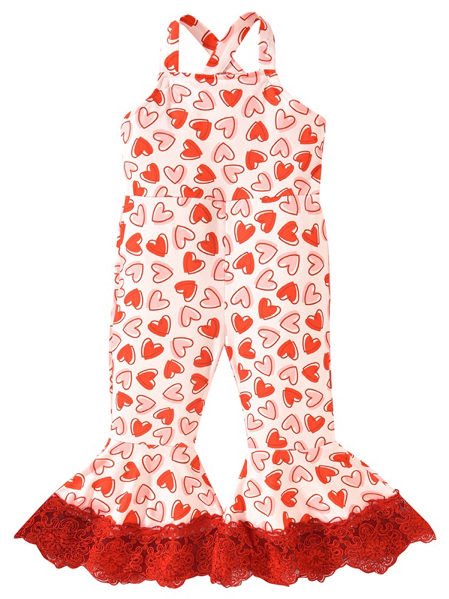 Juaugusep Toddler Girls Valentine Overalls Jumpsuit Heart Printed Sleeveless Lace Trim Flare ...