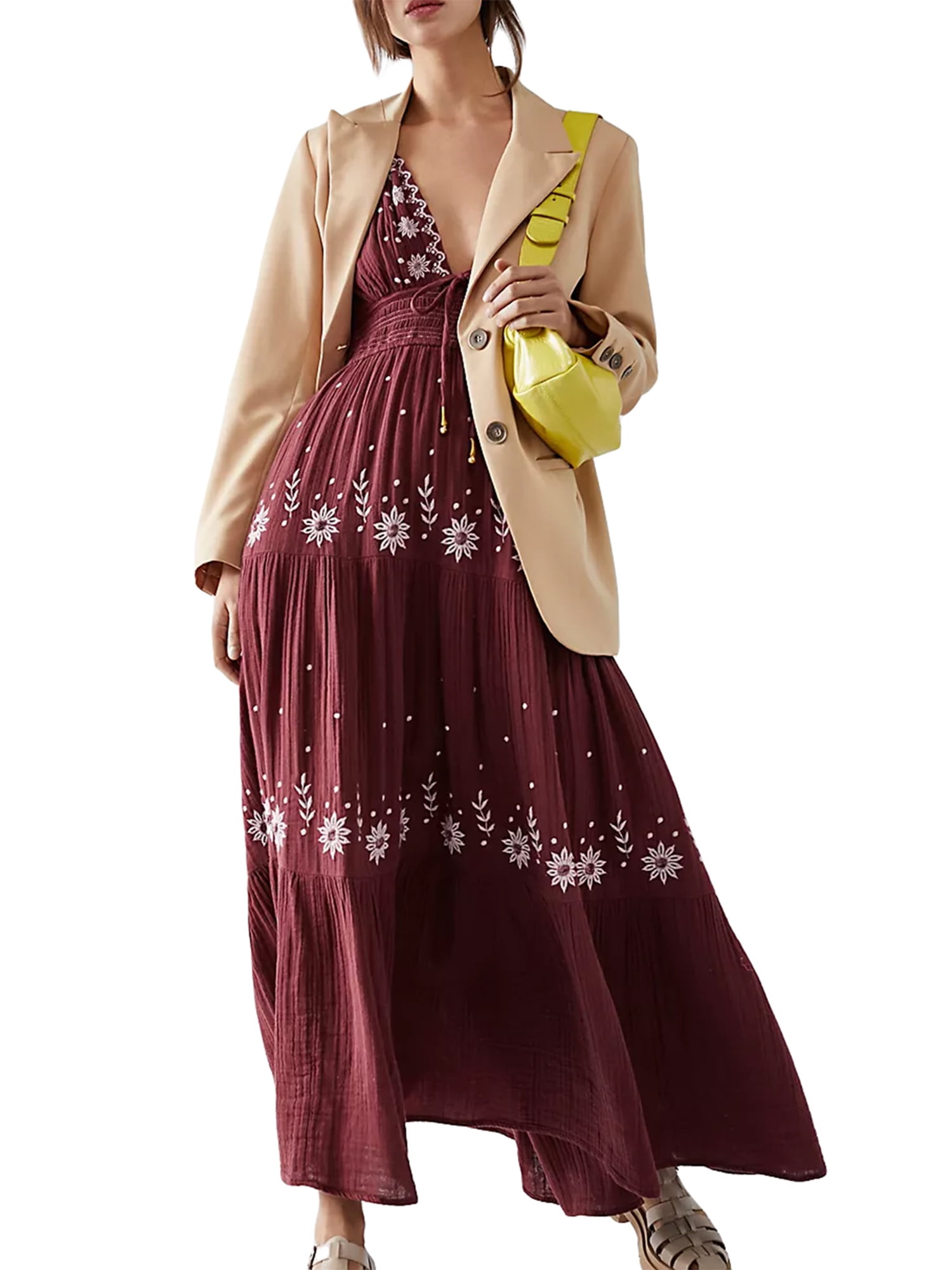 Juaugusep Women Backless Flowy Boho Maxi Dress Strappy Low Cut Long ...