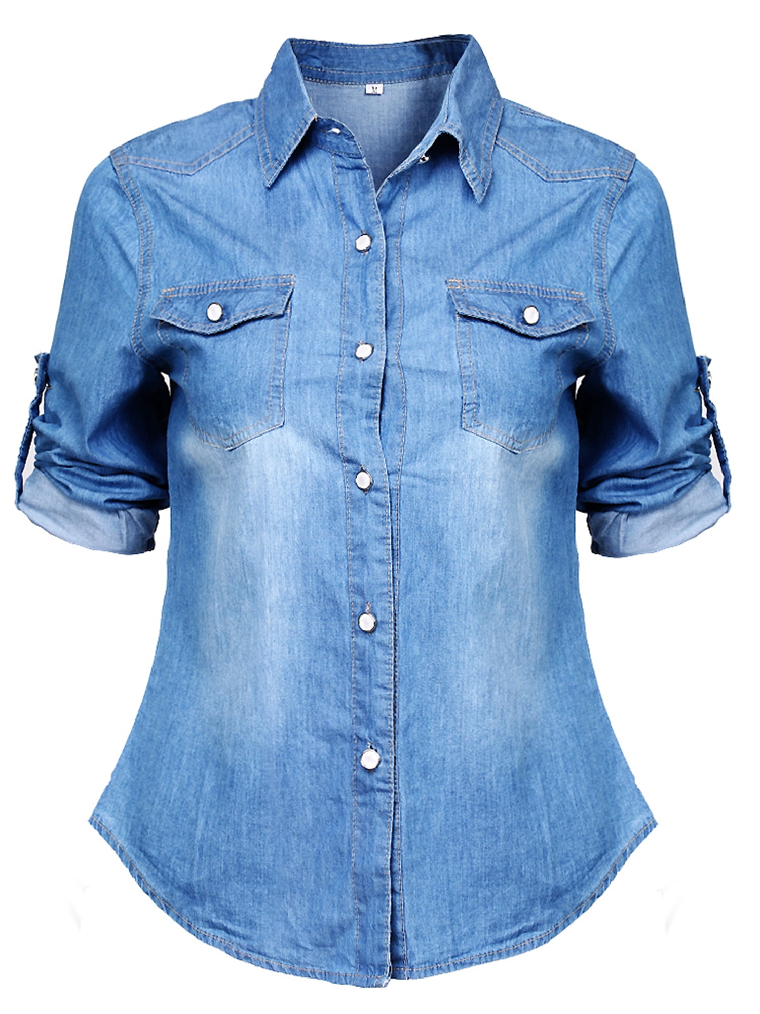 Juaugusep Women Jeans Snap Shirt Long Sleeve Stand-up Collar Blouse ...