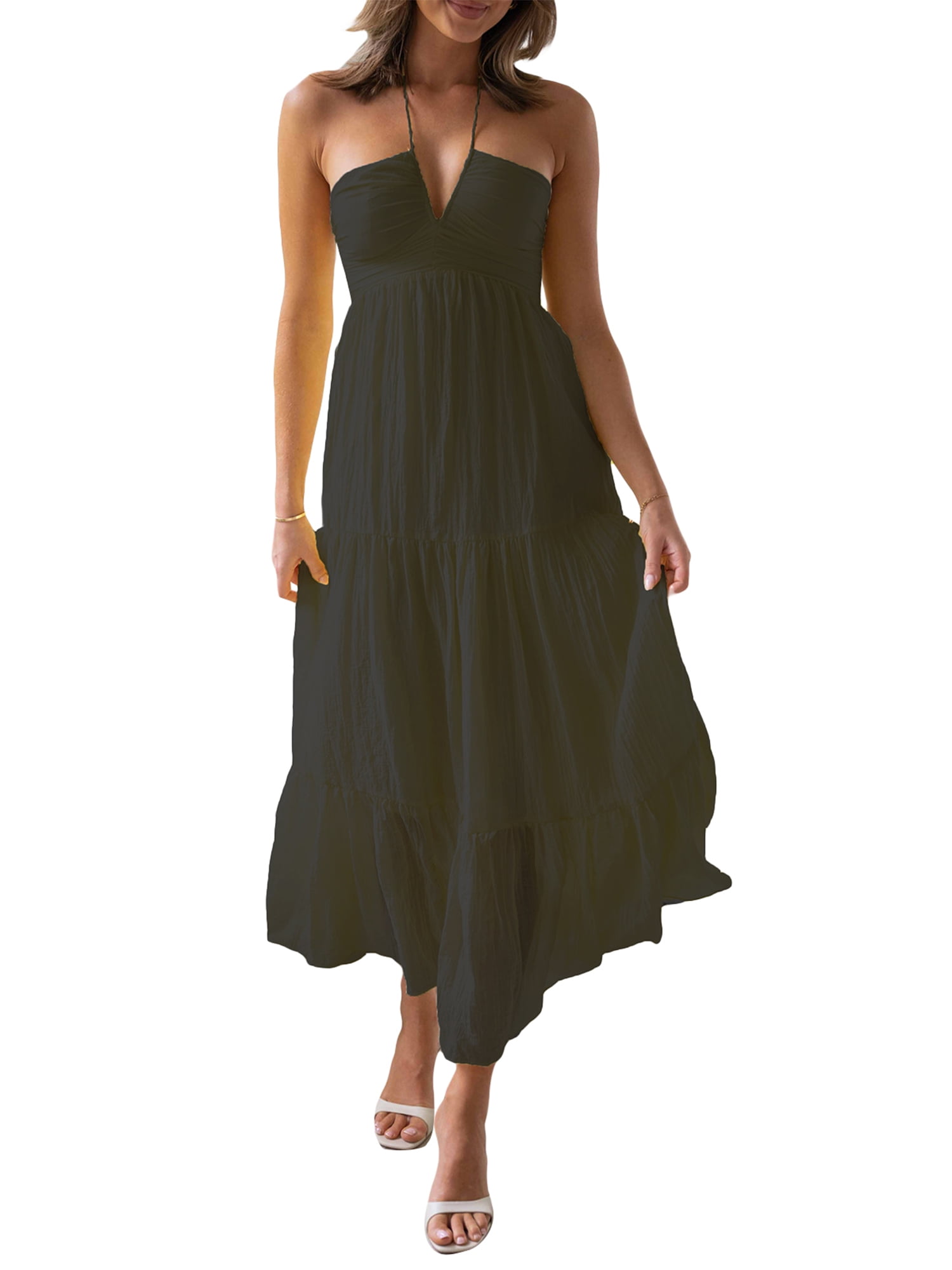 Juaugusep Women Spaghetti Strap Maxi Dress Ruffle Flowy Long Cami Dress ...