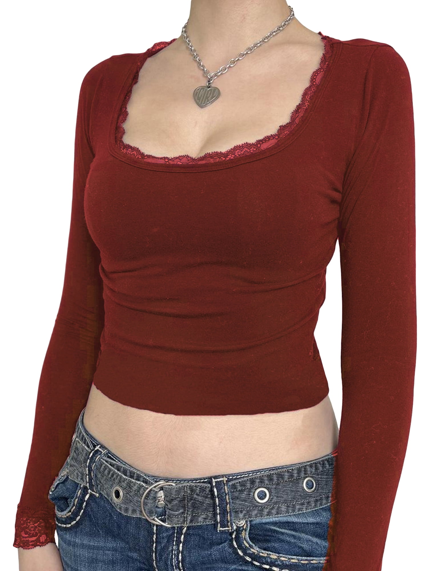 Juaugusep Women's Long Sleeve Crop Tops Lace Trim Square Neck Cropped T ...