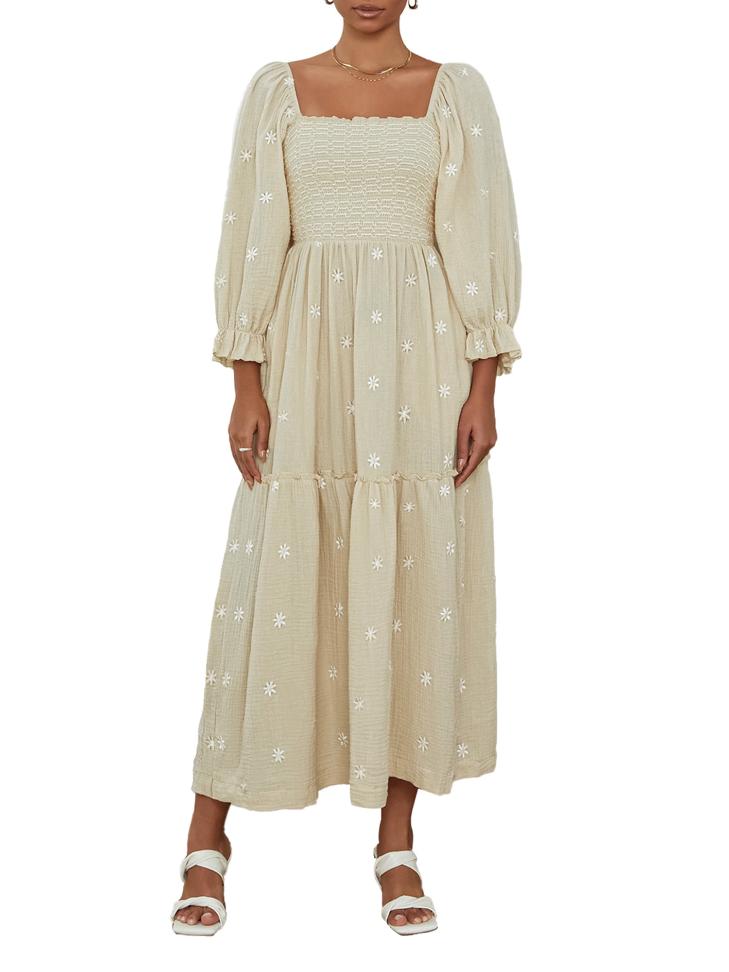 Juaugusep Womens Flower Embroidered Maxi Dress Lantern Sleeve Square ...