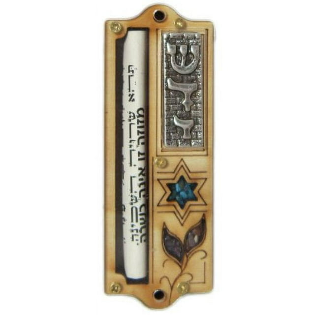 Judaica Mezuzah & Scroll Wood with Stones Pewter Shin Dalet Yud with ...