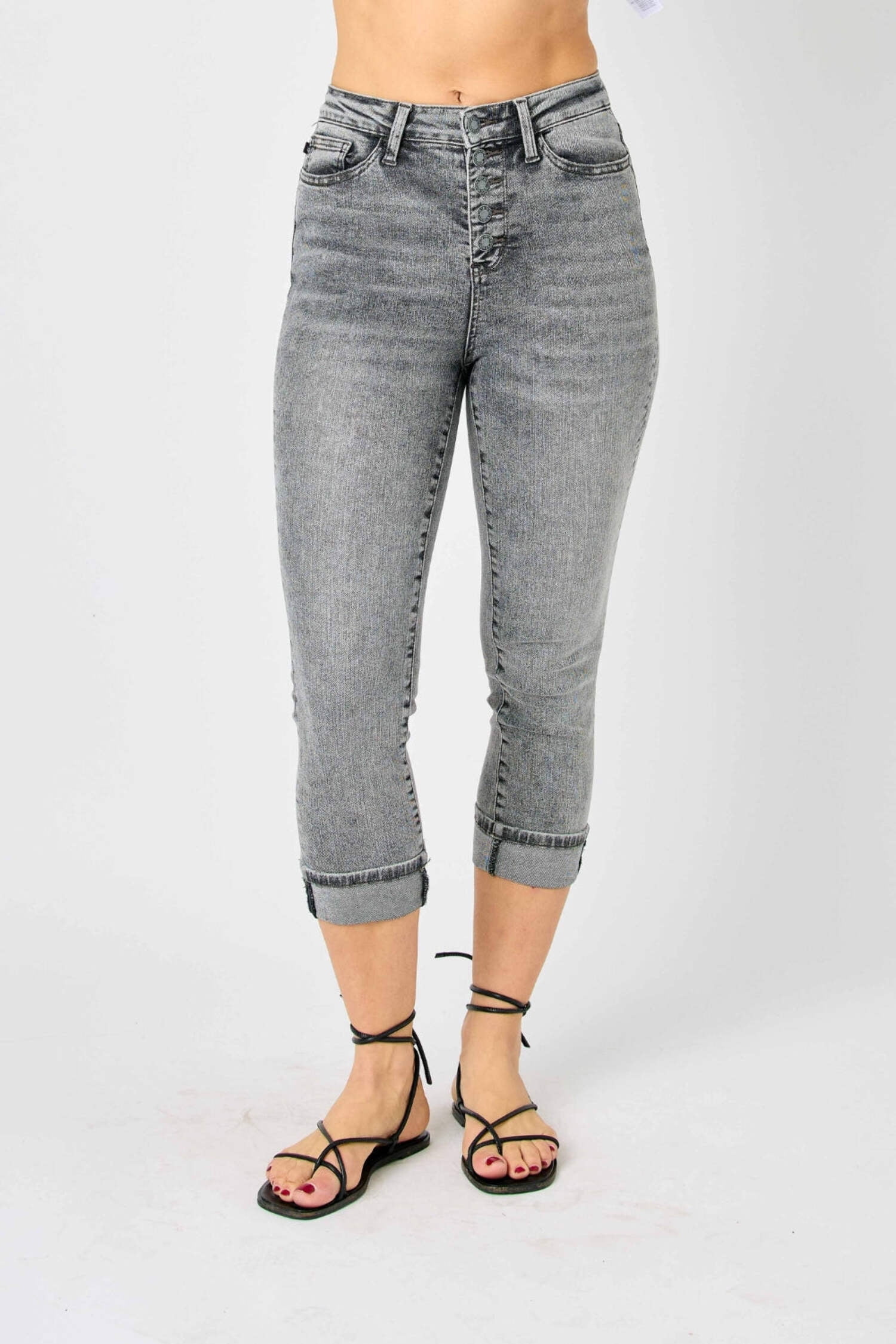 Button Fly High Waist Cuffed Denim Capris in Gray - Walmart.com