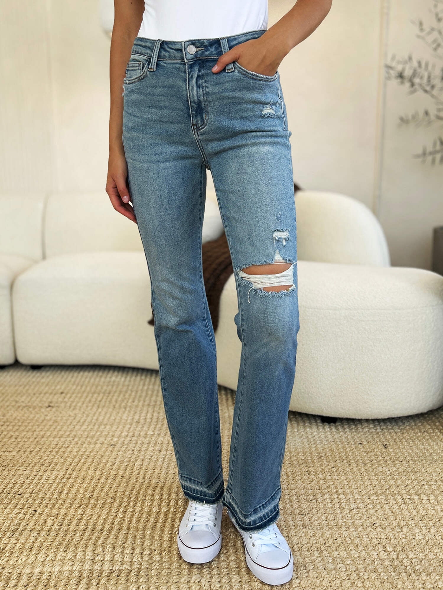 Judy Blue Full Size Mid Rise Destroyed Hem Distressed Jeans - Walmart.com
