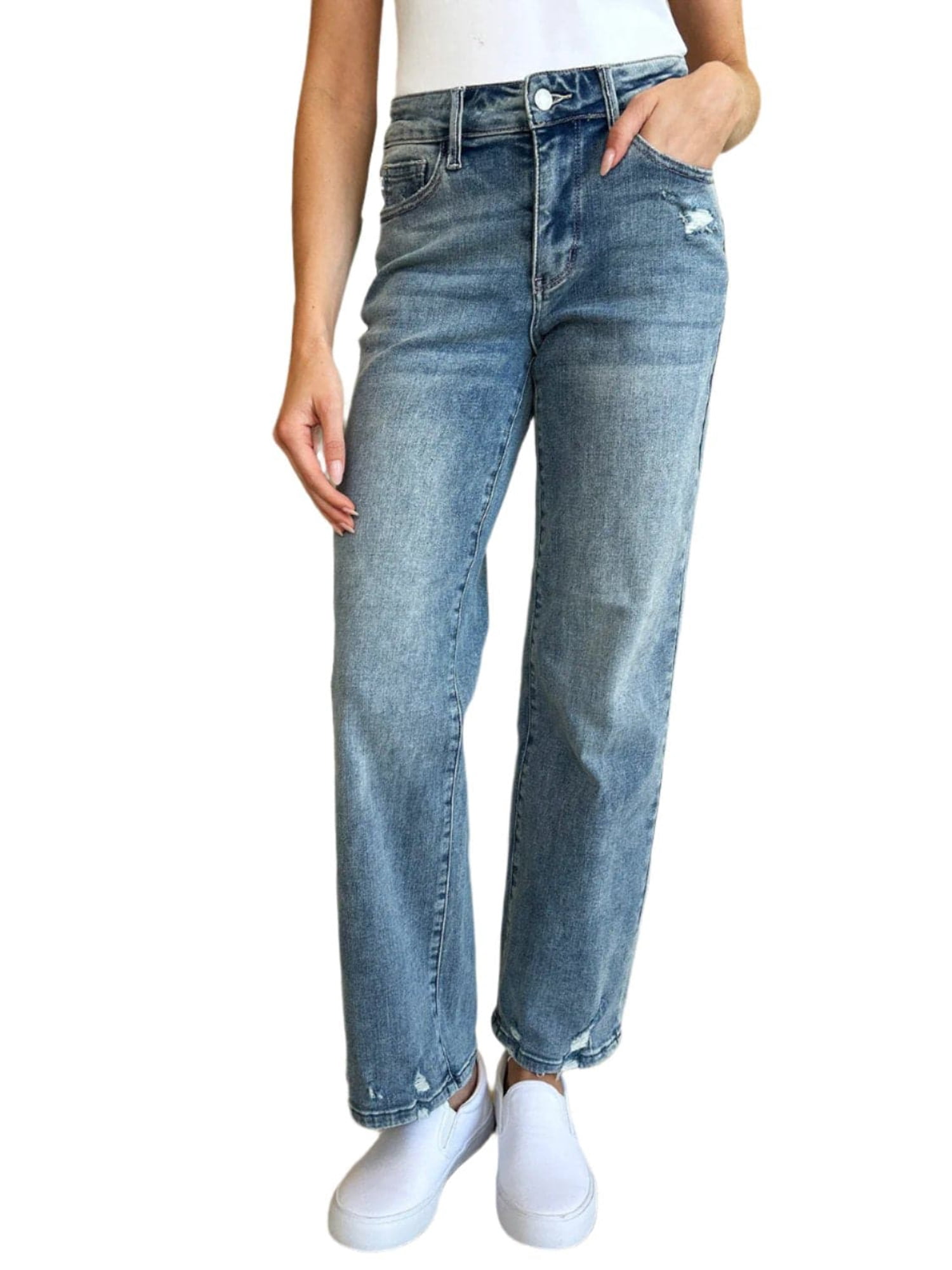 Judy Blue Full Size Mid Rise Distressed Straight Jeans - Walmart.com