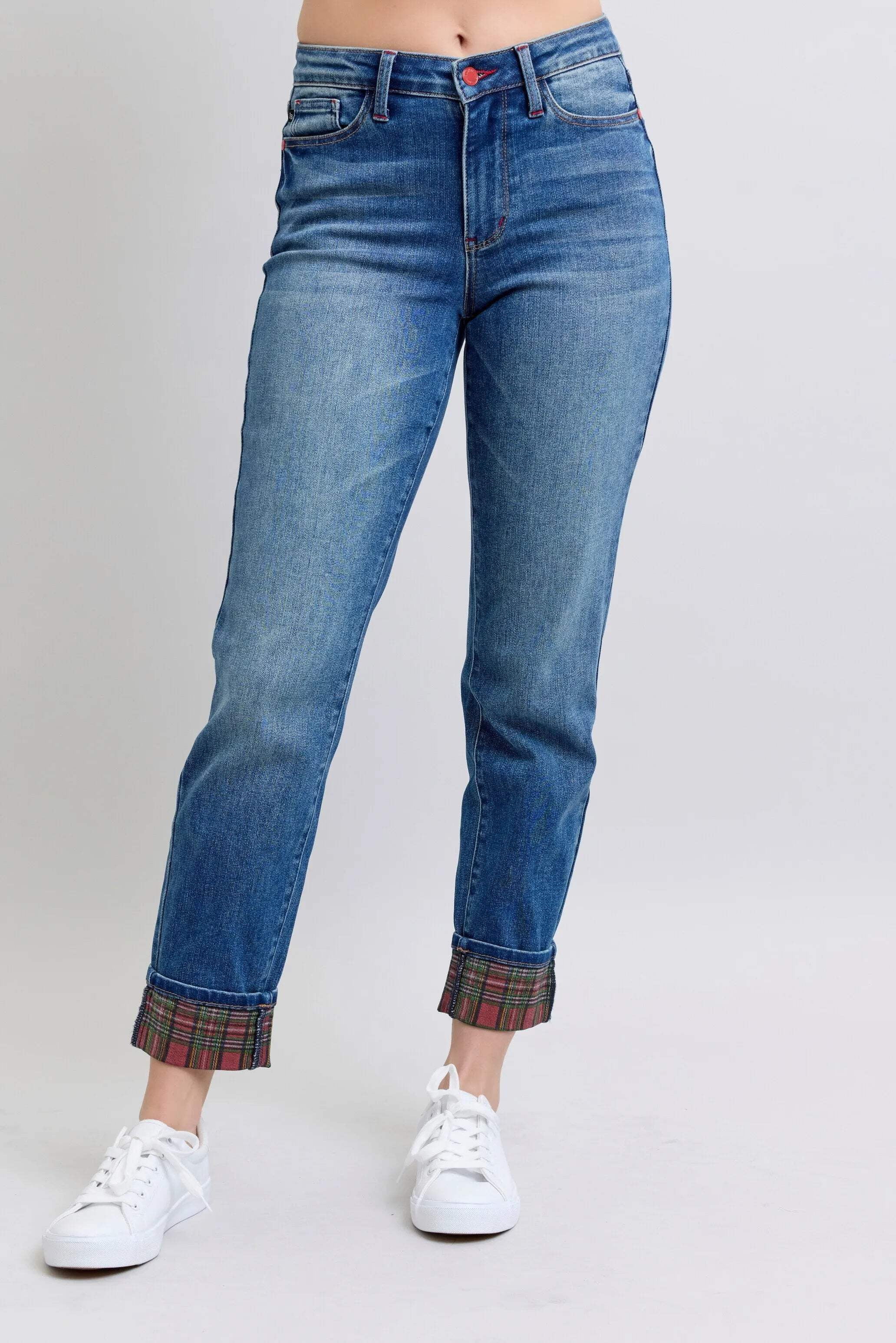 Judy Blue Plaid Print Cuff Bf Jeans Plus Size - Walmart.com