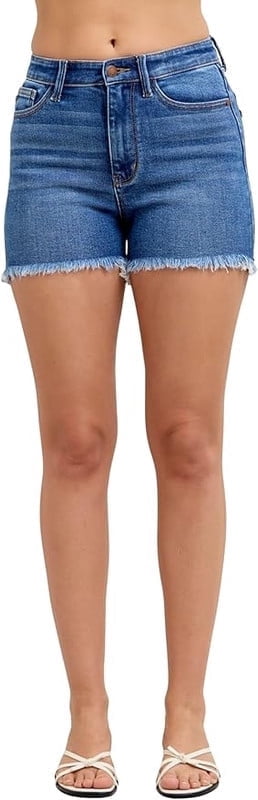 Judy Blue High Waist Dark Wash Slim Fray Shorts - Walmart.com