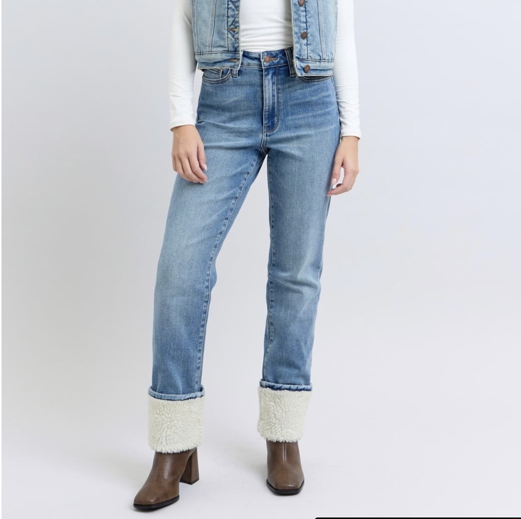 Judy Blue High Waist Shearling Cuff Straight Jeans (26) - Walmart.com