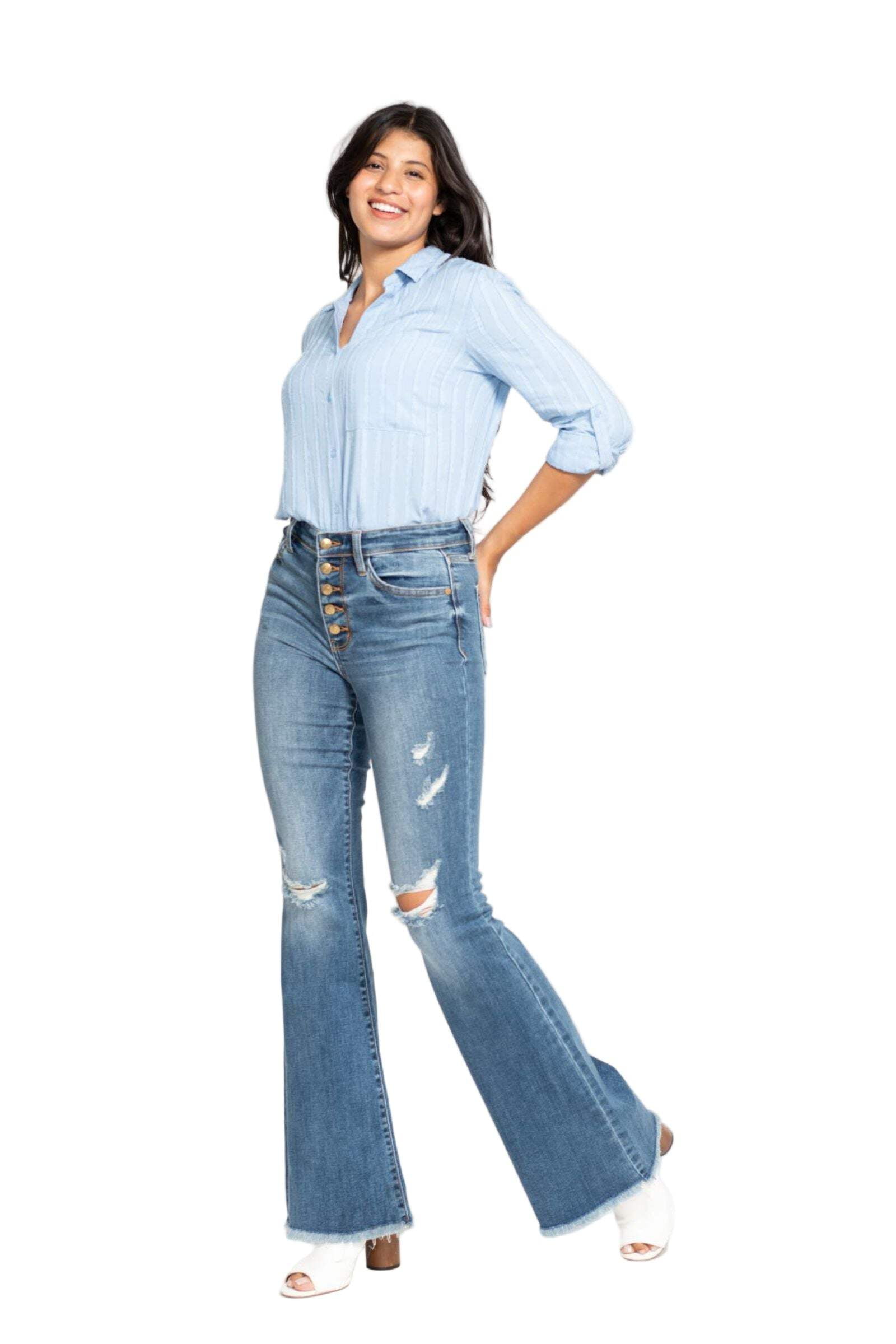 Judy Blue - Mid-Rise Button Fly Ripped Flare Jeans (33.5" Extra Long ...