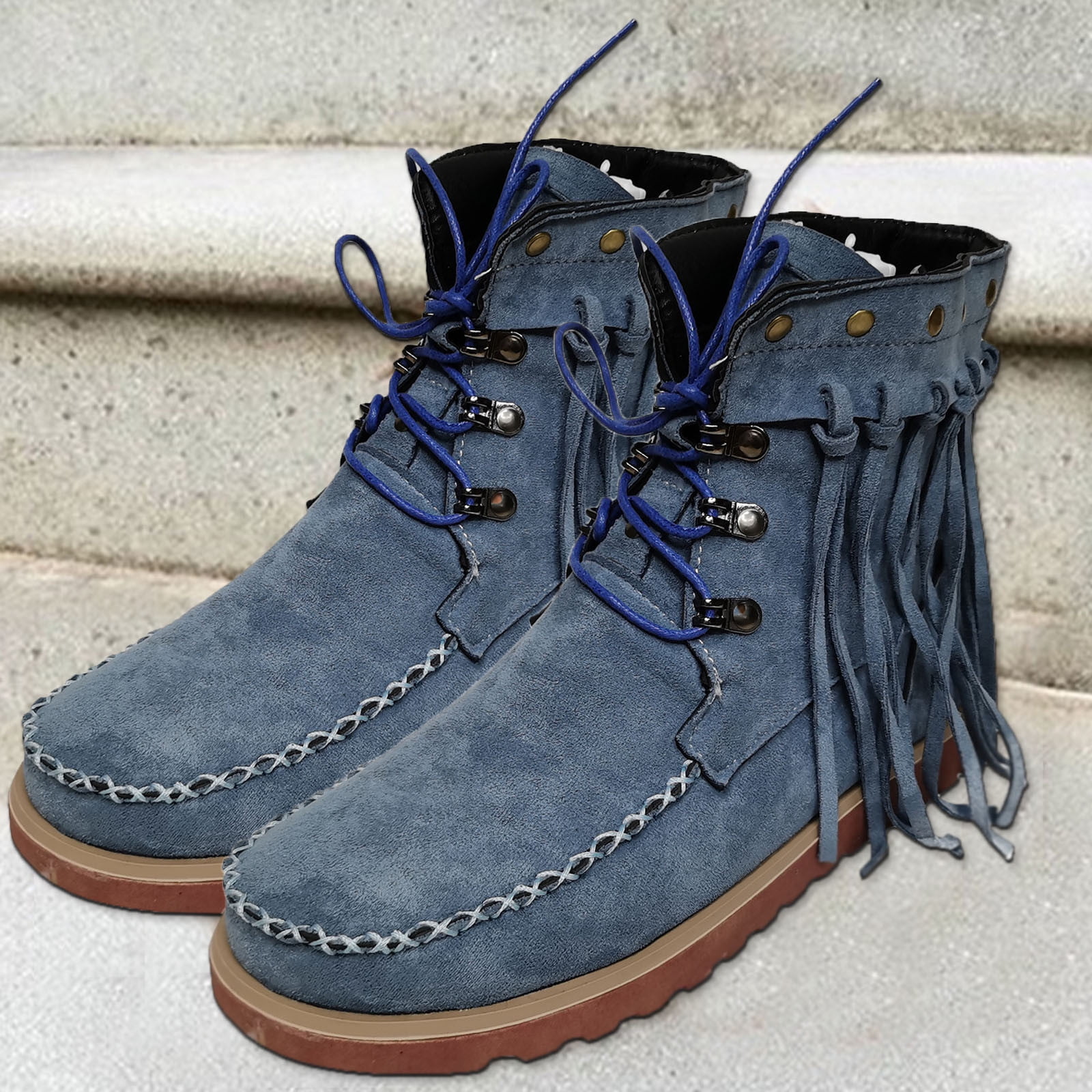 Juebong Round Toe Tassel Rivets Casual Shoe Women Western Low Heel ...