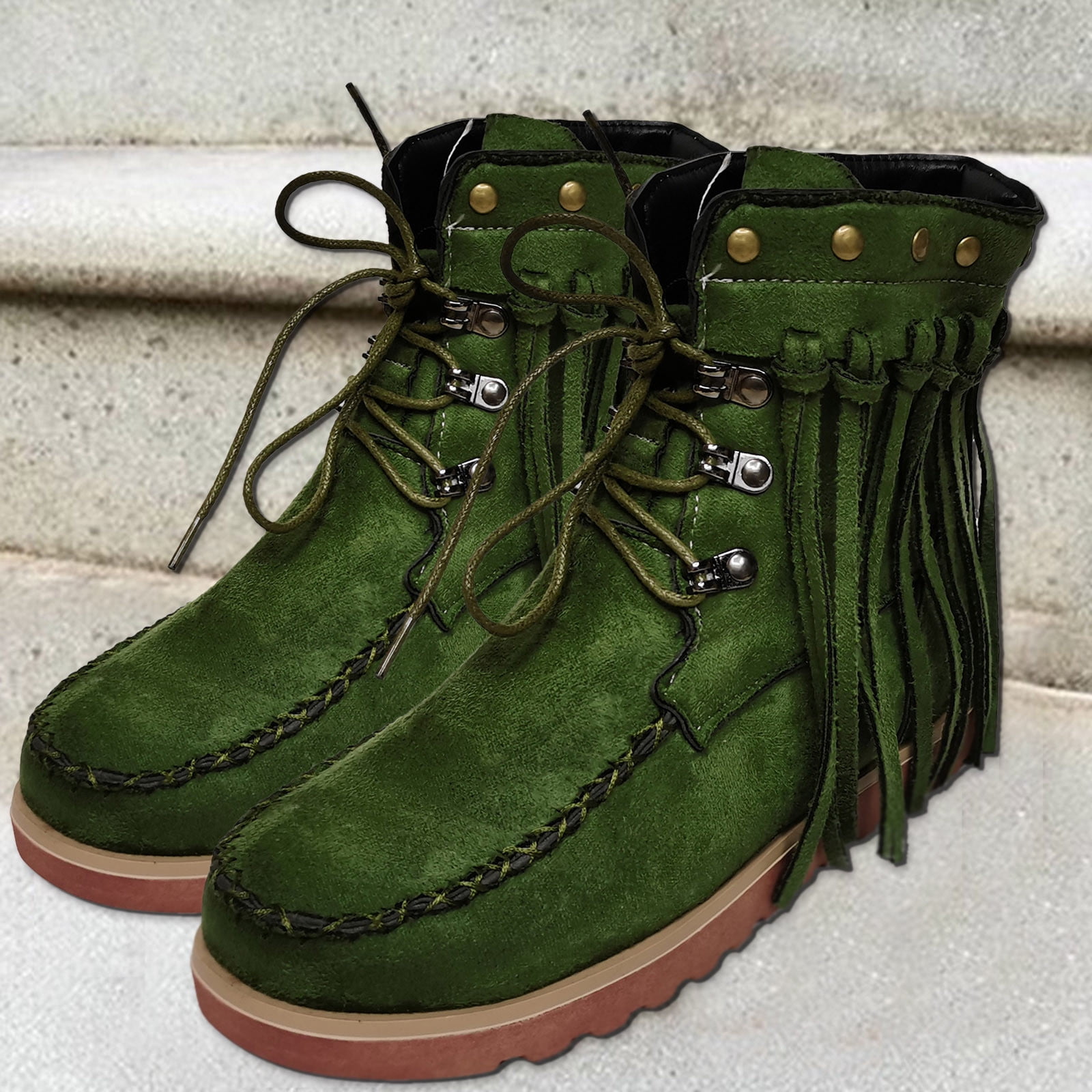 Juebong Round Toe Tassel Rivets Casual Shoe Women Western Low Heel ...