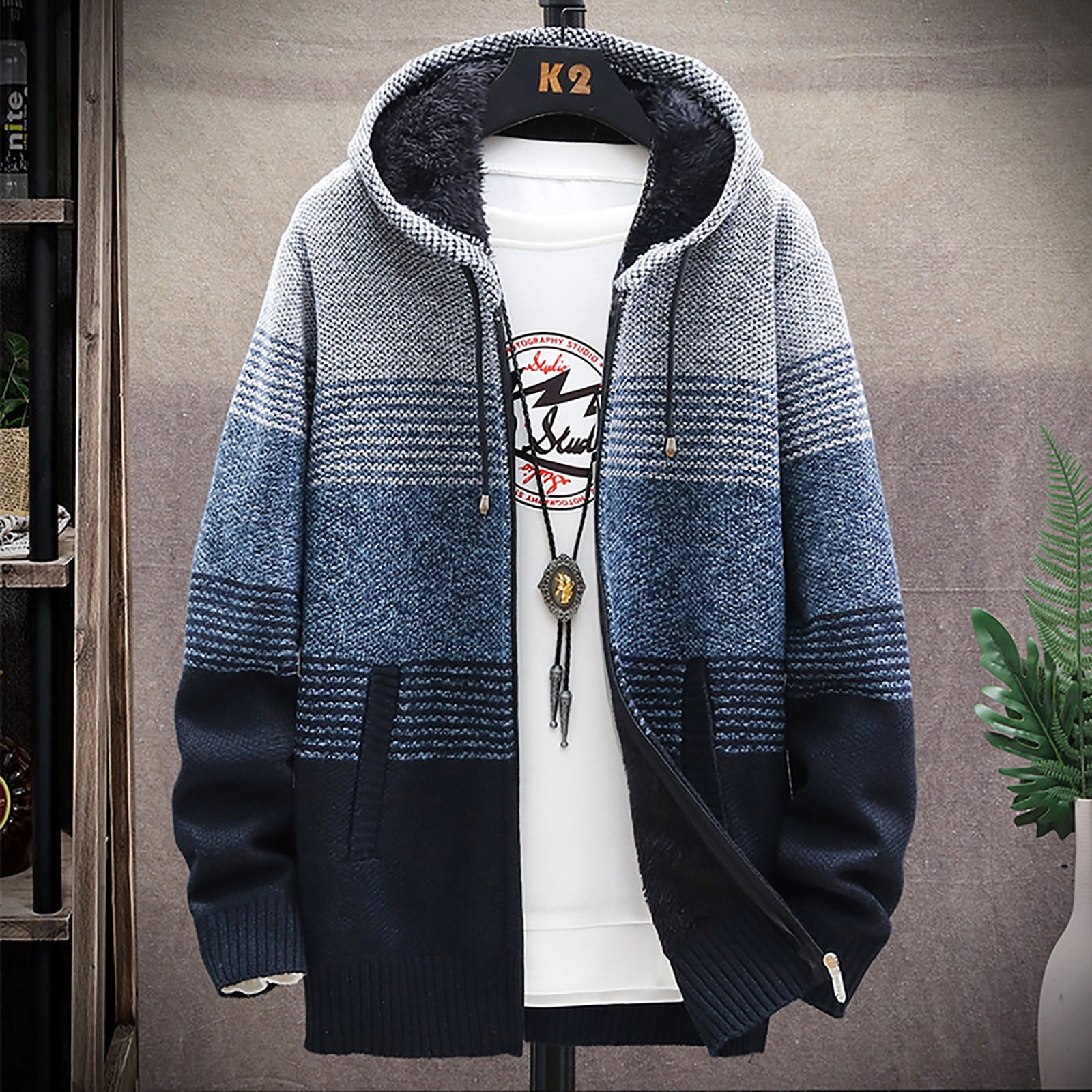Juebong Christmas Deals 2022 Fleece Thick Stripe Color Matching Hooded