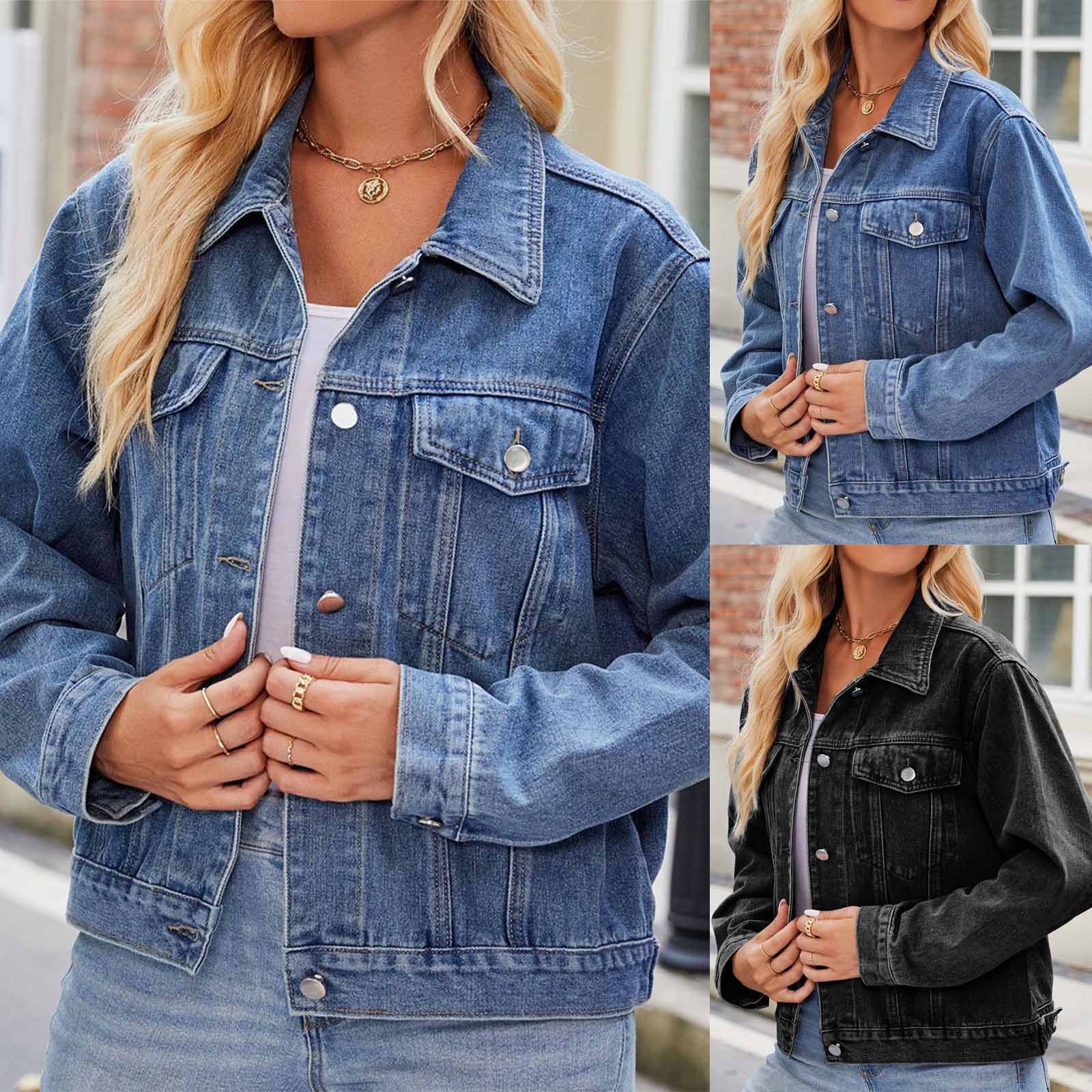 Juebong Cropped Jean Jacket Women Trendy Distressed Button Down Long ...