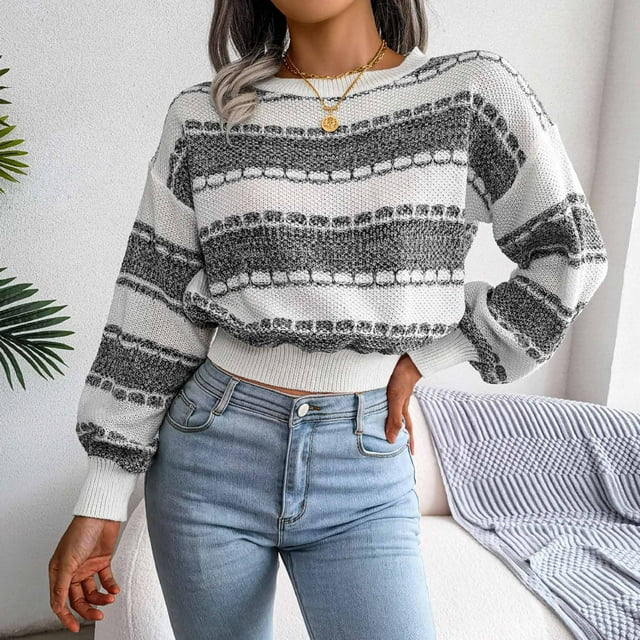 Juebong Cropped Sweater Tops for Women Casual Solid Round Neck Long ...