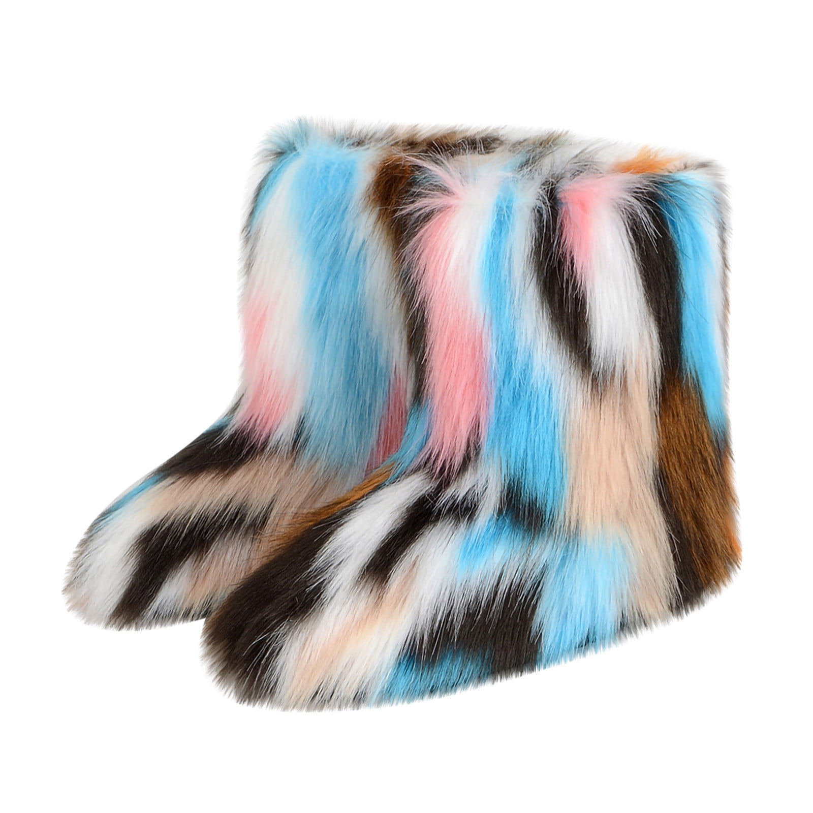 Juebong Faux Fur Boots for Women Fuzzy Fluffy Furry Round Toe Suede ...