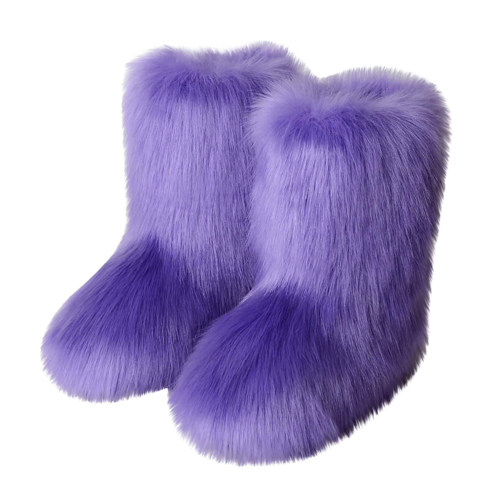 Juebong Faux Fur Boots for Women Fuzzy Fluffy Furry Round Toe Suede ...