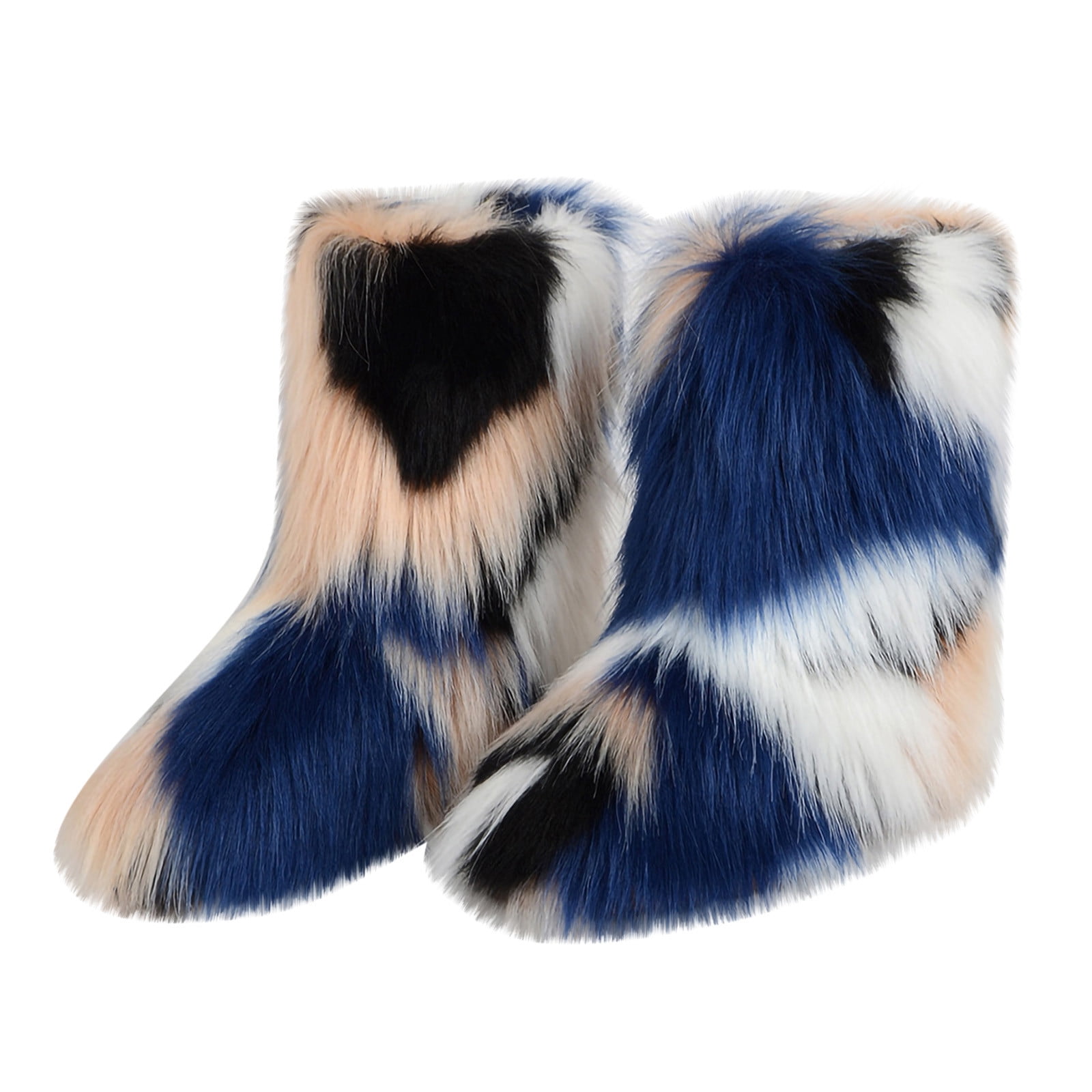 Juebong Faux Fur Boots for Women Fuzzy Fluffy Furry Round Toe Suede ...