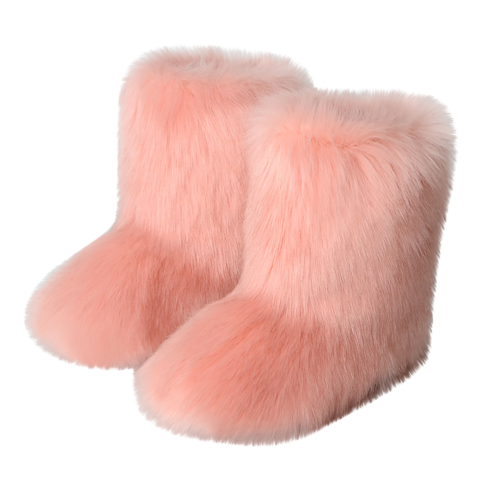 Juebong Faux Fur Boots for Women Fuzzy Fluffy Furry Round Toe Suede ...