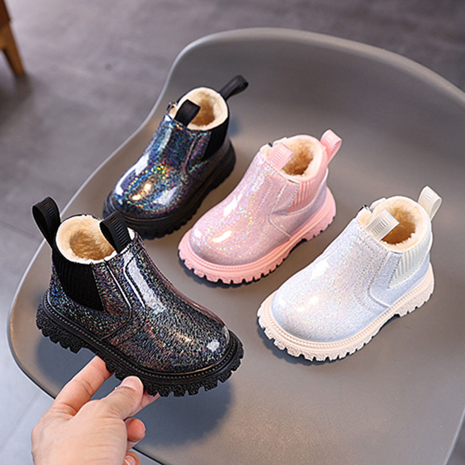 Juebong Girls Ankle Boots Kids Faux Fur Lined Slip on Lug Sole Combat ...