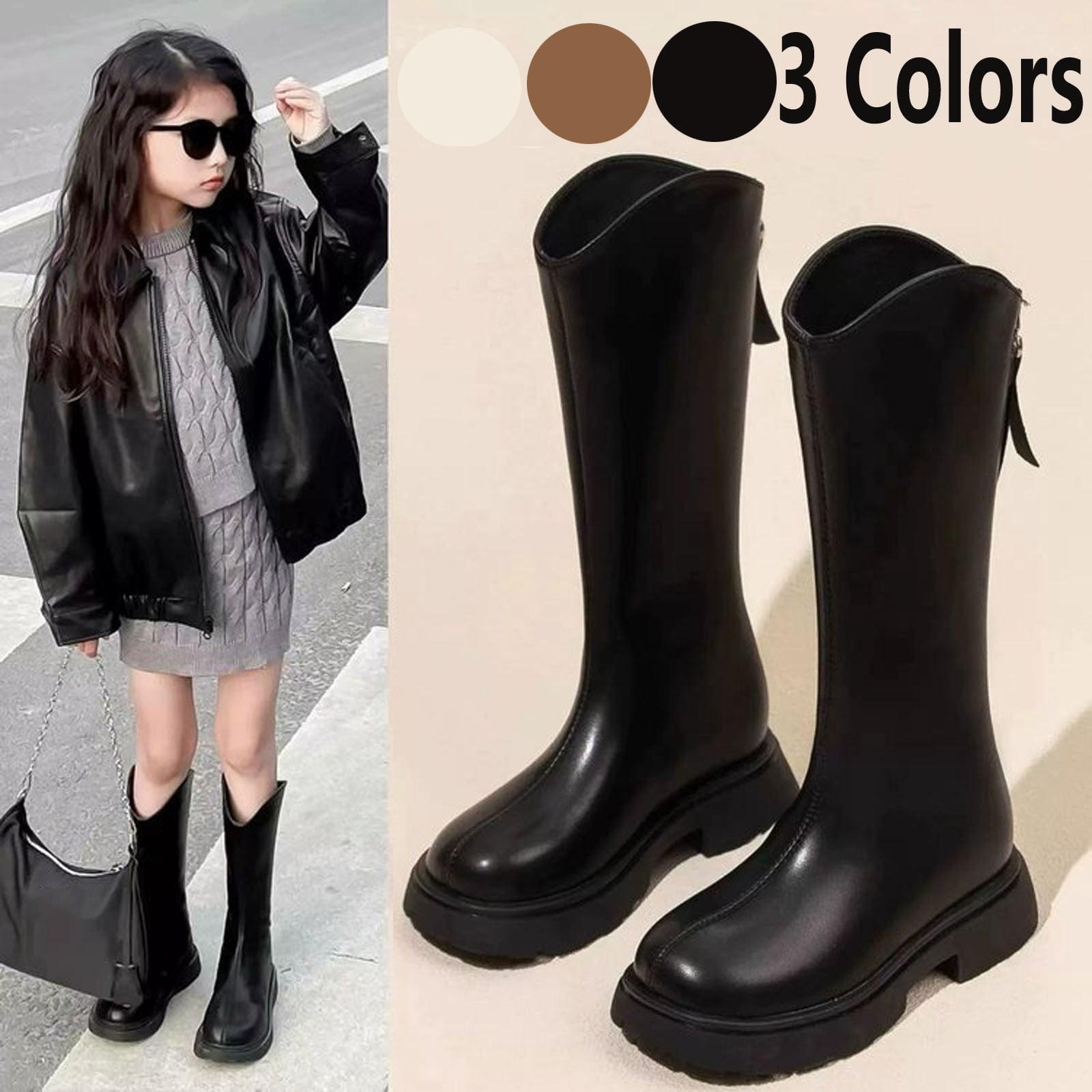 Juebong Girls Knee High Boots Kids Fashion Low Heel Side Zipper Tall ...