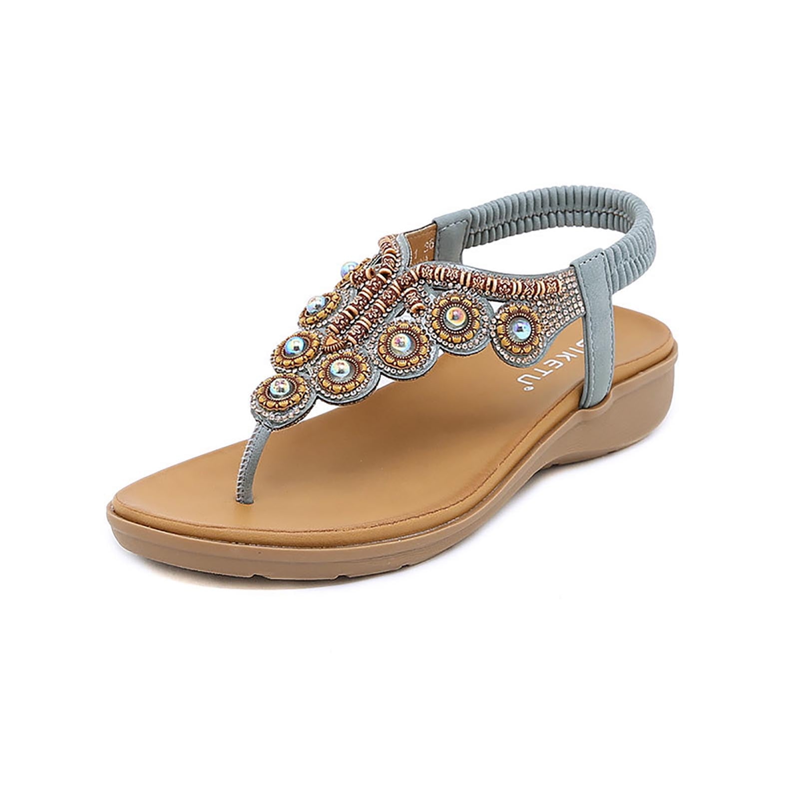 Juebong Women Rhinestones Roman Sandals Vintage T-Strap Peep Toe Sandal Shoes Low-heeled Slip On ...