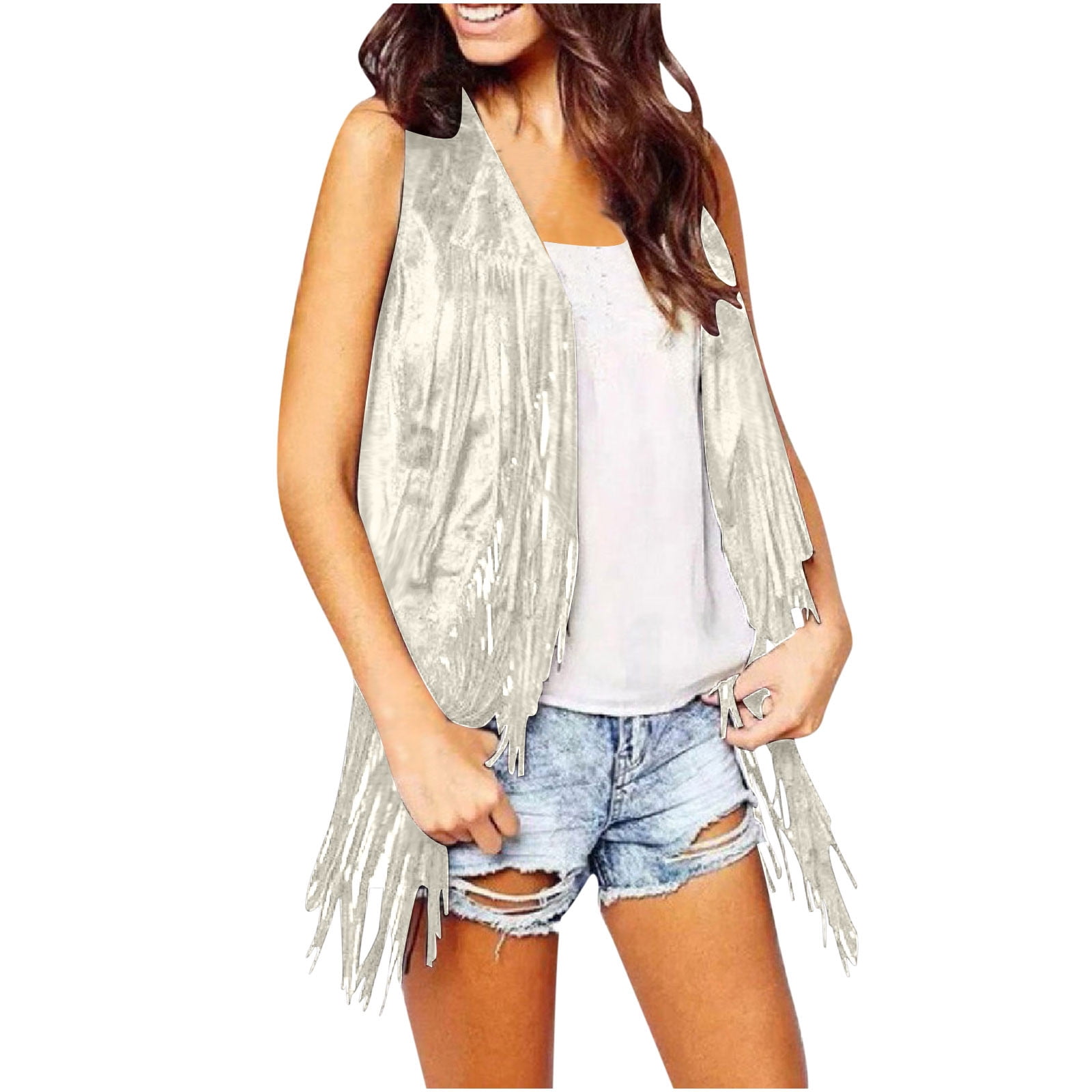 Juebong Women Tassel Vest 70s Hippie Faux Suede Rivets Sleeveless 0322