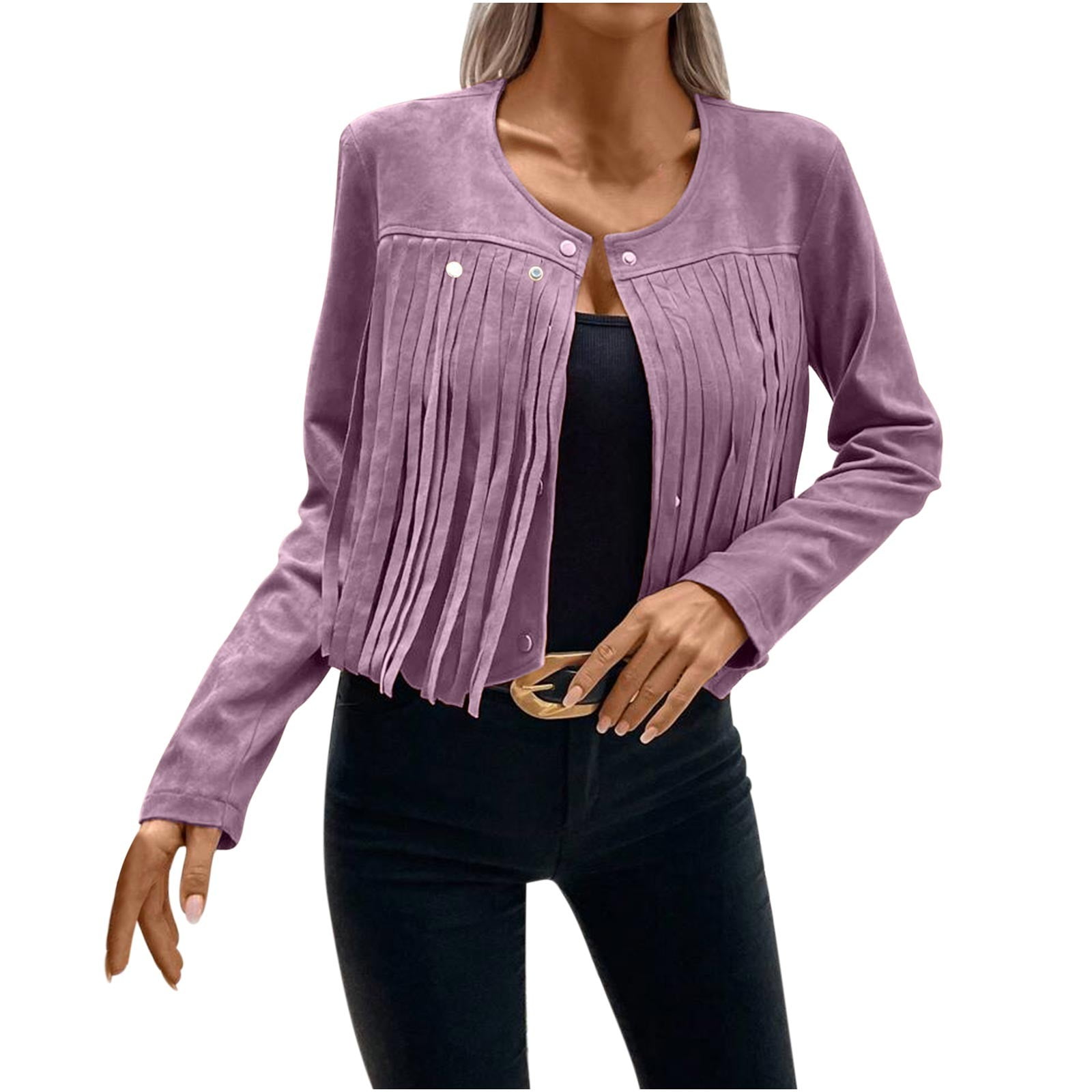Juebong Women Vintage Faux Suede Tassel Cropped Jacket Long Sleeve 3161