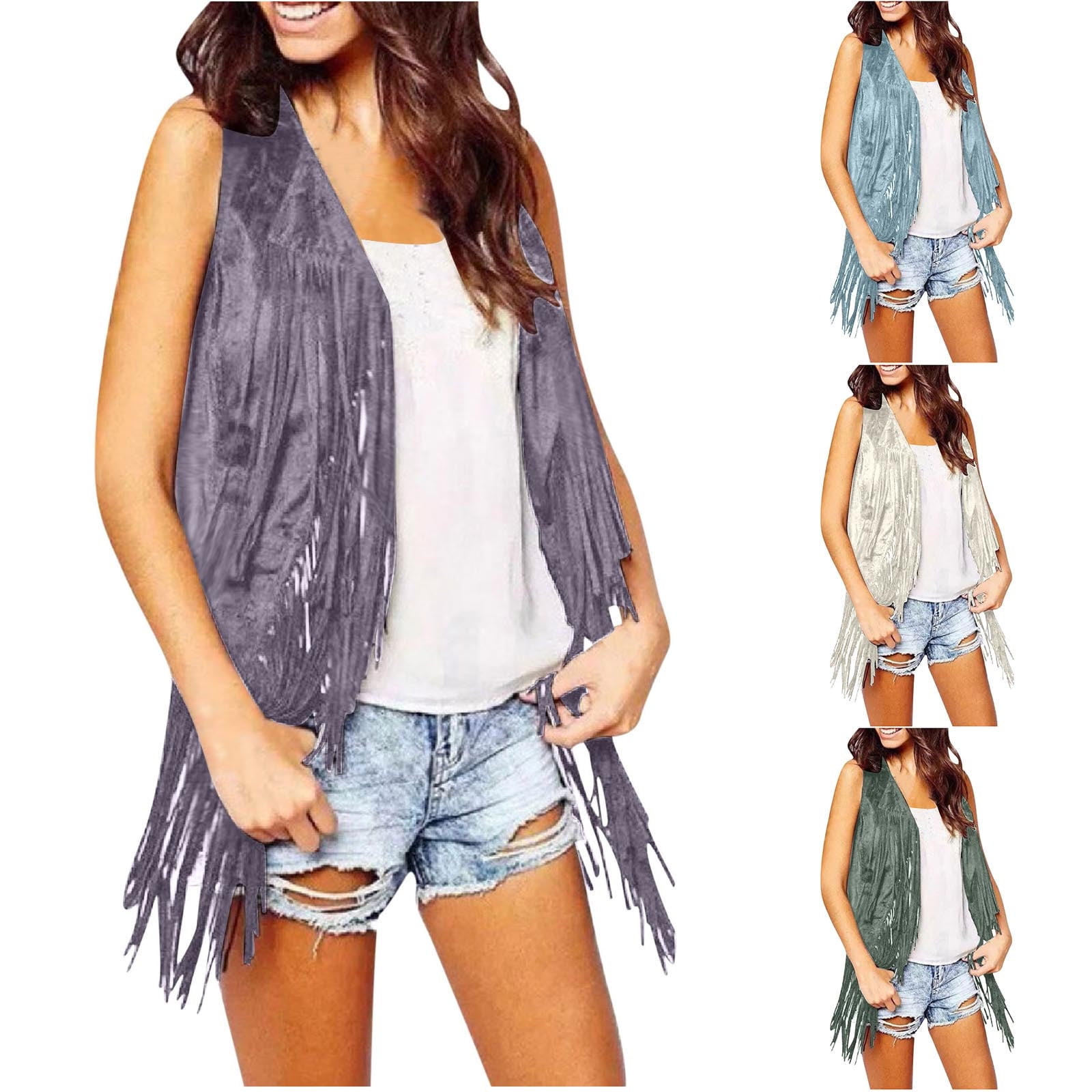 Juebong Women Western Tassels Vest Tops 70s Hippie Faux Suede Fringe Vests Sleeveless Jacket ...