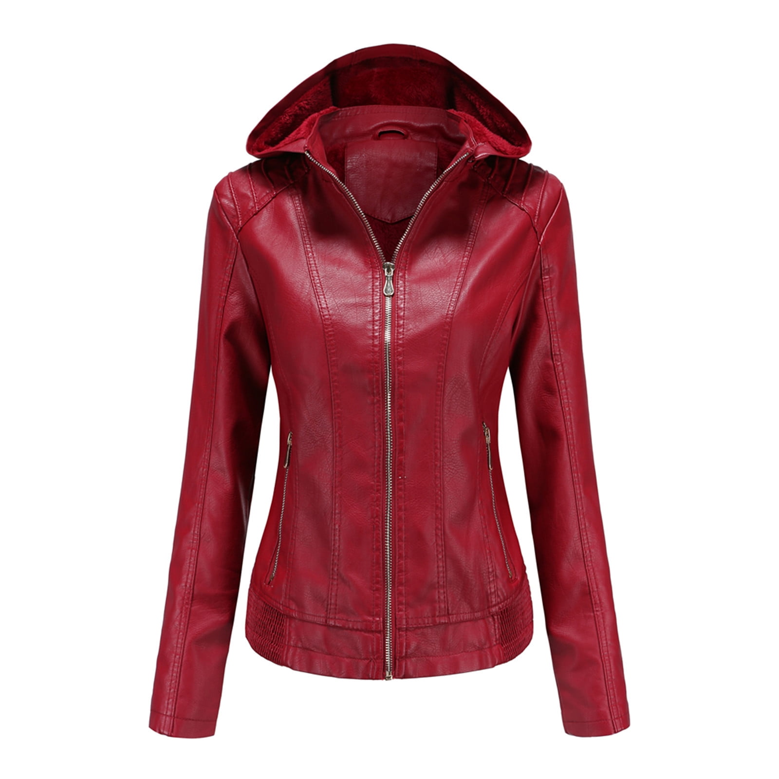 Juebong Women's Faux Leather Hooded Jacket Coat Motorcycle Biker Zip Up ...