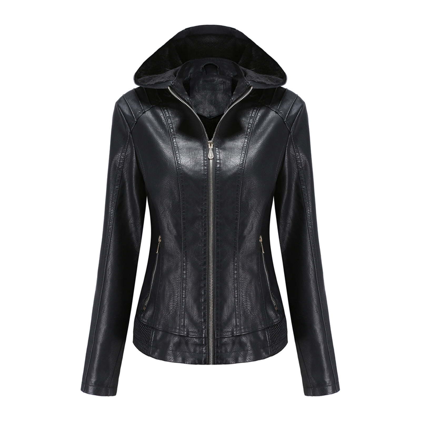 Juebong Women's Faux Leather Hooded Jacket Coat Motorcycle Biker Zip Up ...