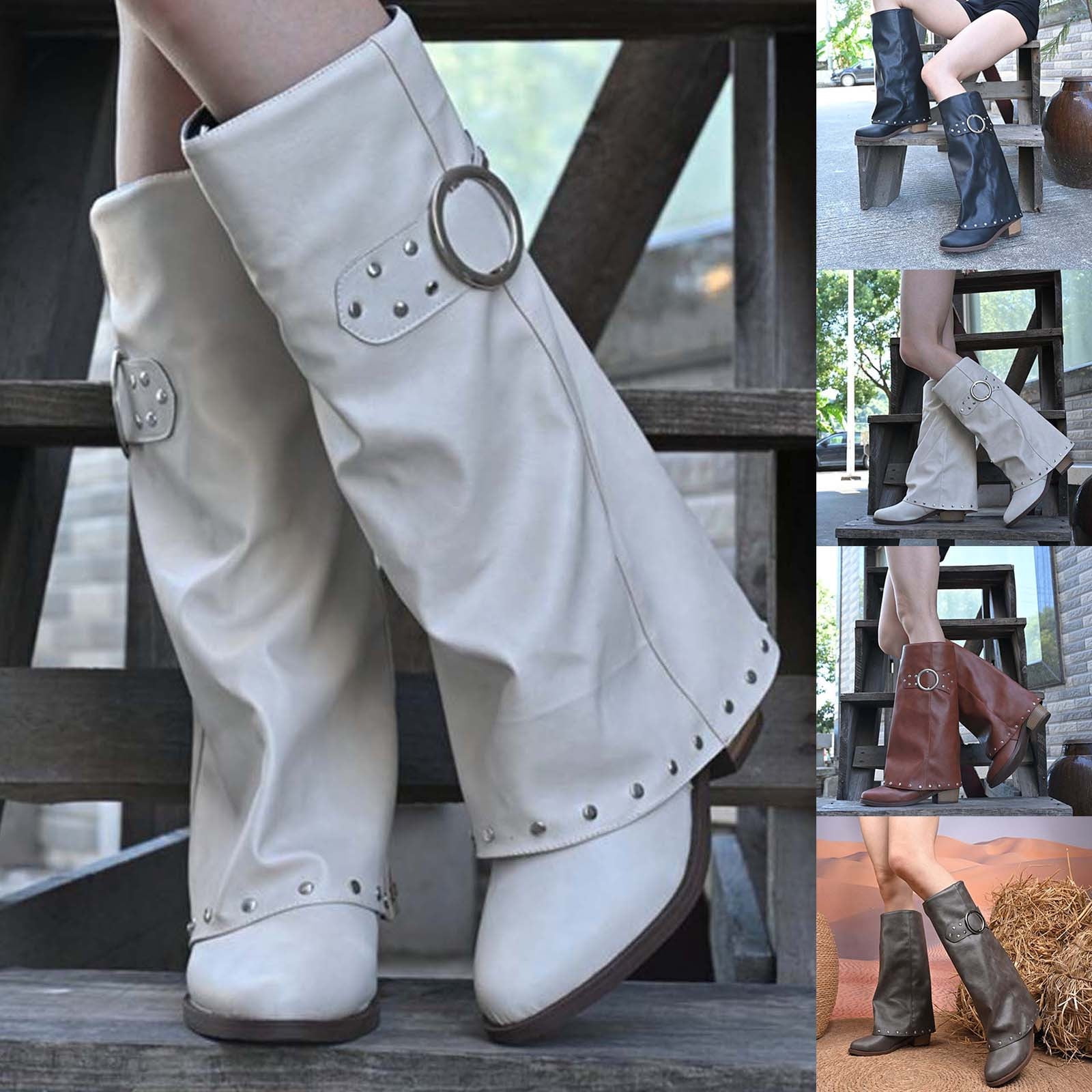 Juebong Women's Fold Over Boots Mid Calf Chunky Heel Snip Toe Cowboy ...