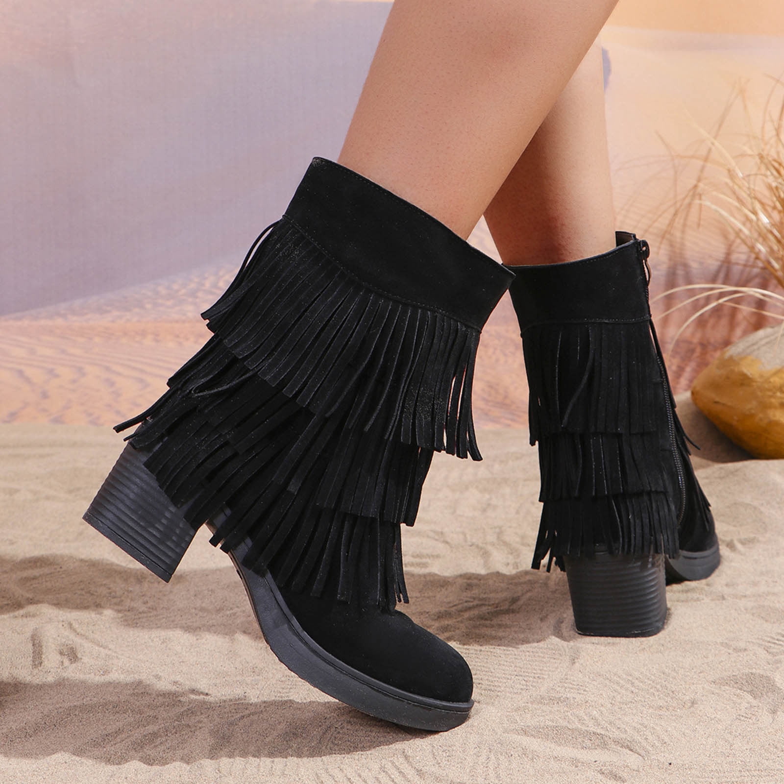 Juebong Women's Fringe Chelsea Boots Fashion Slip on Tassel Suede Ankle ...