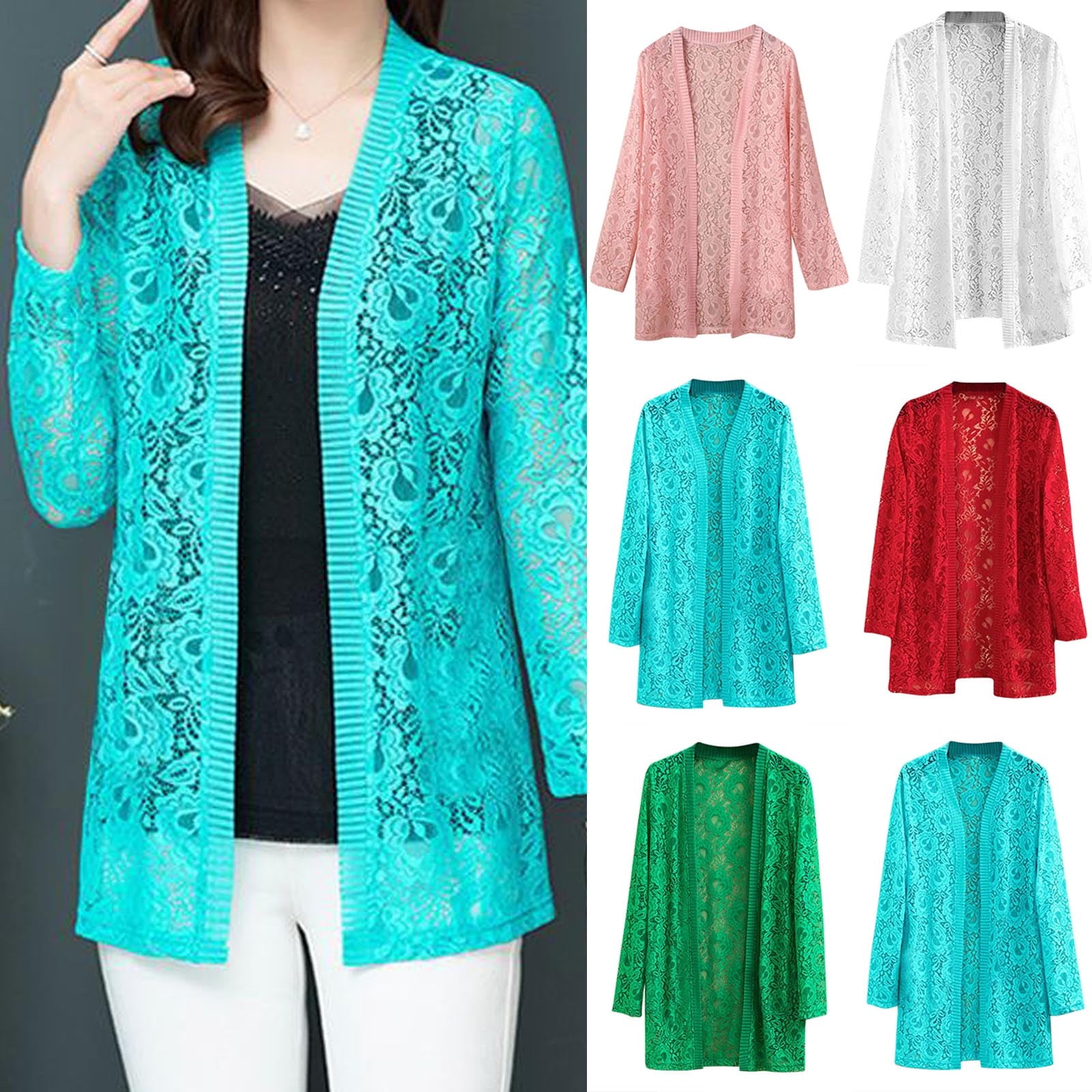 Juebong Women's Lightweight Lace Cardigan Plus Size Long Sleeve Loose ...