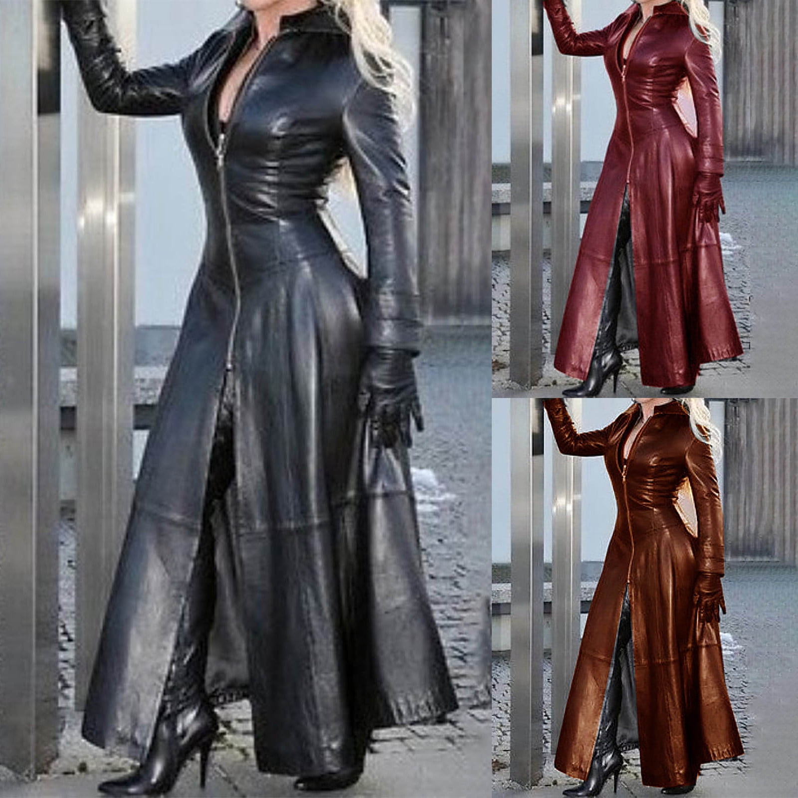 Juebong Women's Maxi Faux Leather Trench Coat Zip Up Long Overcoat ...