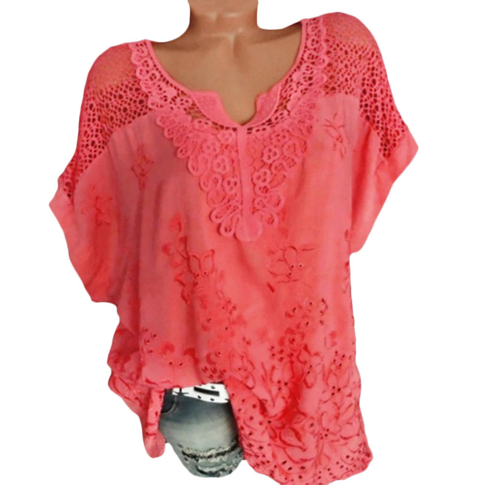 Juebong Womens Loose Plus Size Floral Lace Crochet T-Shirt Tee S-5XL ...
