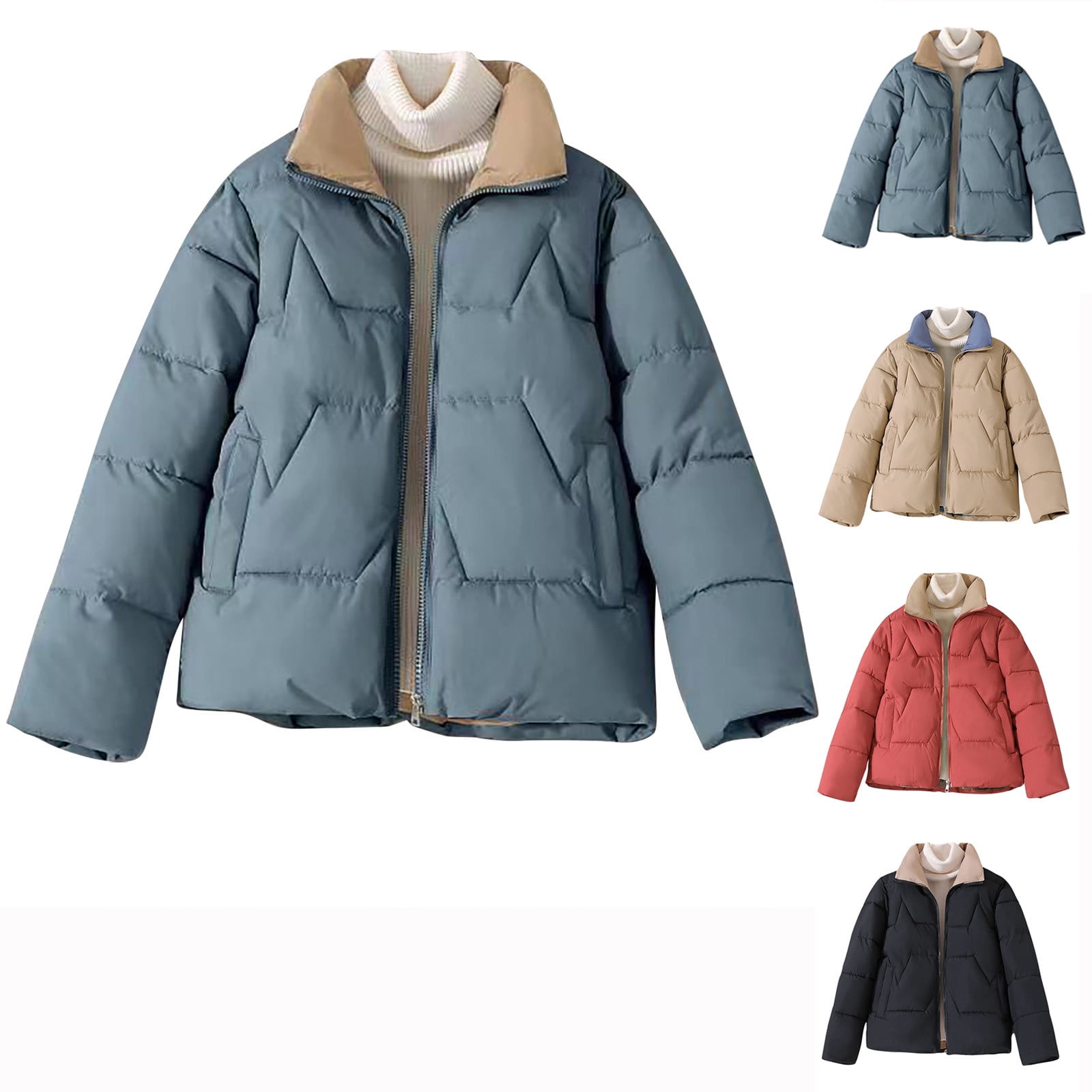 Juebong Womens Oversized Puffer Jacket Stand Collar Full Zip Cropped ...