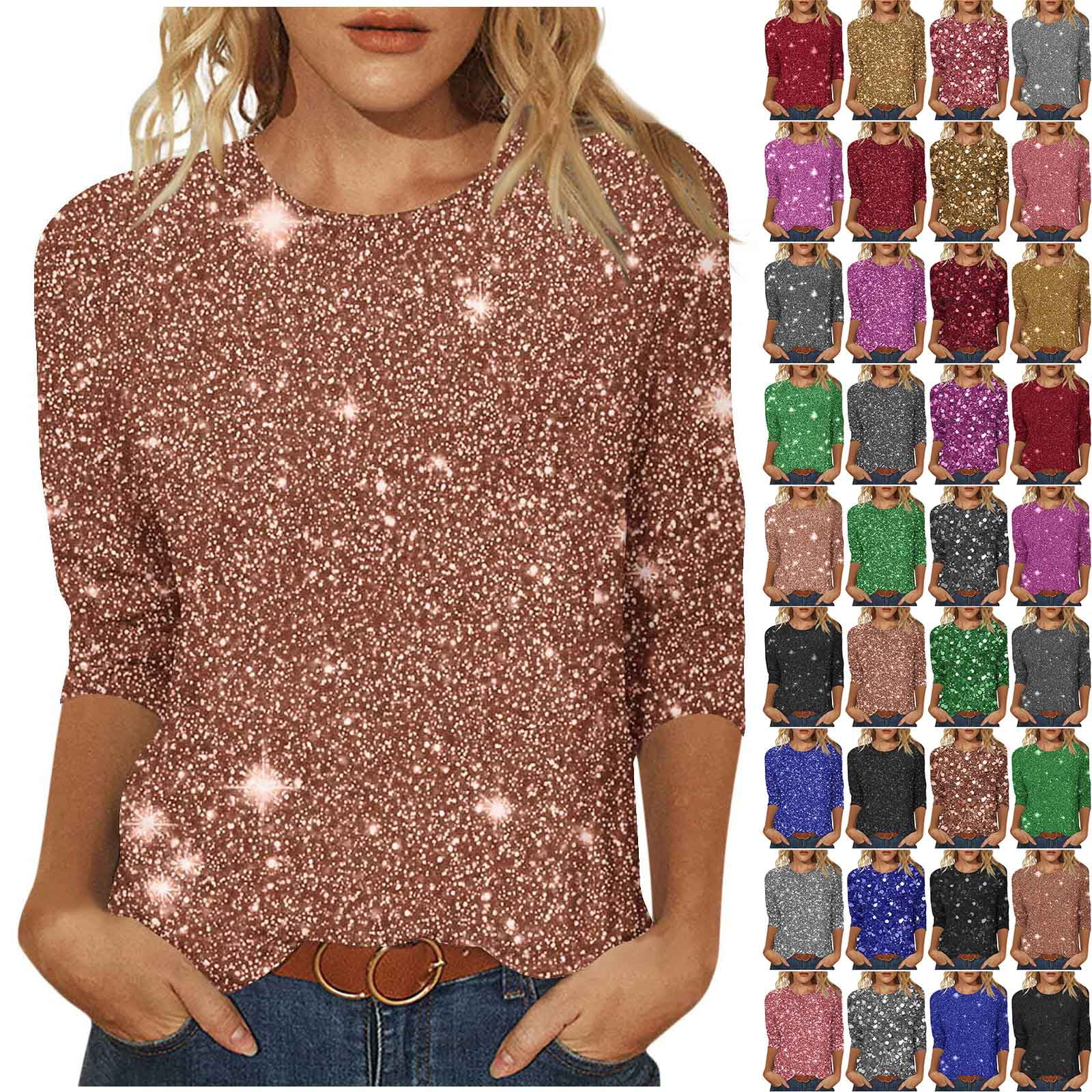 Juesizh T Shirts for Women Round Neck 3/4 Sleeve Pullover Tops Fashion ...