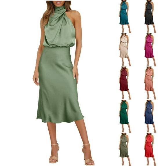 Juesizh Womens Satin Dresses Halter Sleeveles Midi Dress Elegant ...