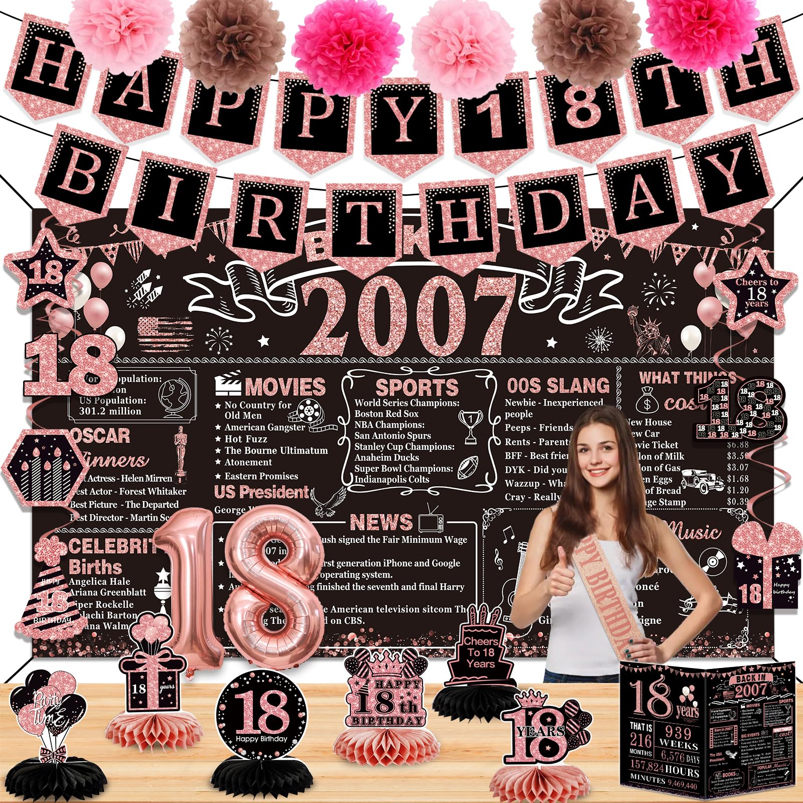 Juesly 24PCS 2007 Birthday Decorations, Rose ZLK1 Gold Honeycomb Topper ...