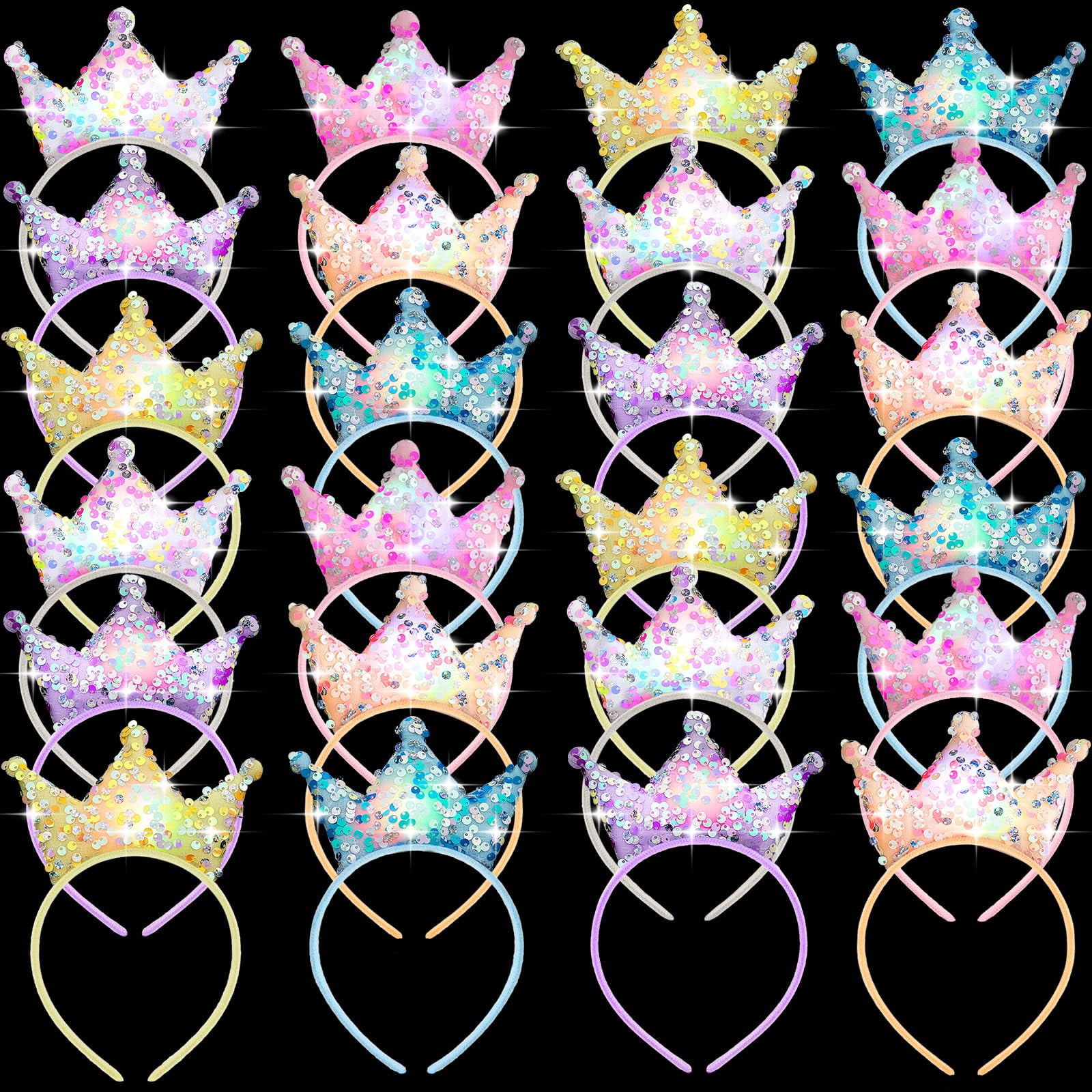 Juexica 24 Pcs LED Princess Crown Headbands Glow Sequin Glitter Light ...